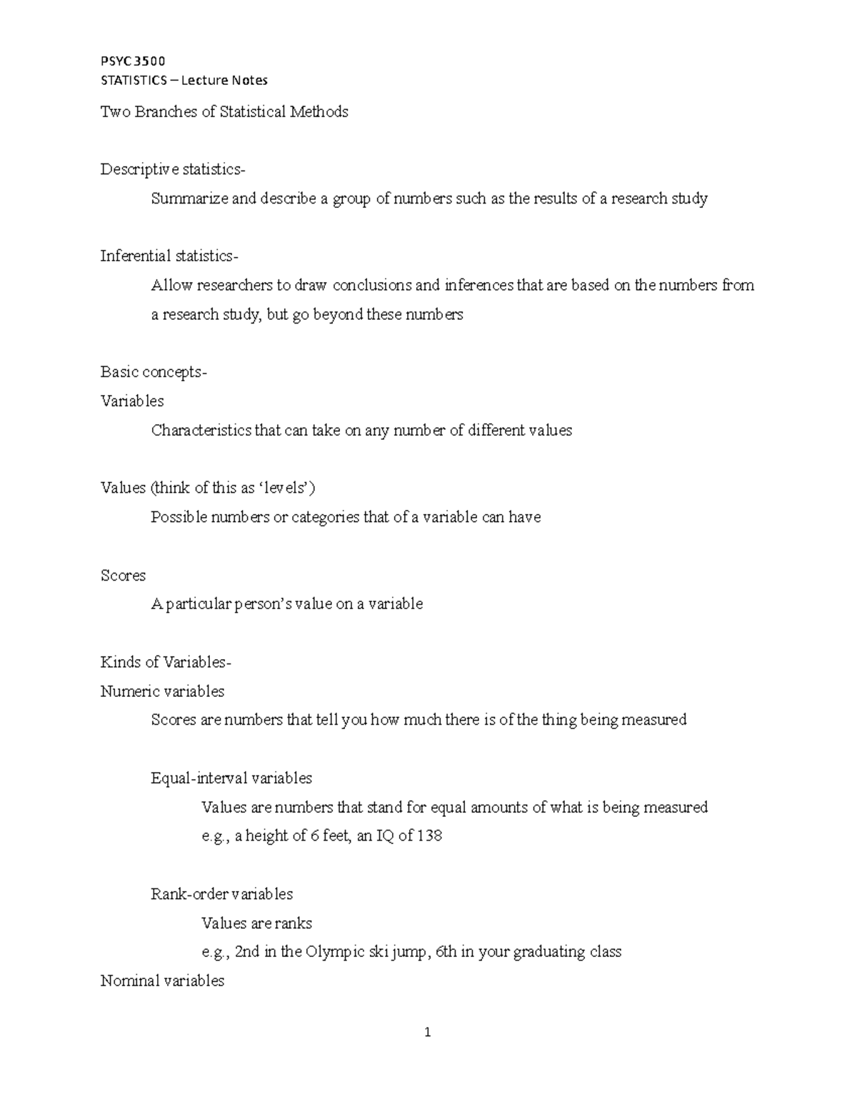 Psyc 3500 Statistics Intro Lecture Notes Statistics Lecture Notes Two Branches Of
