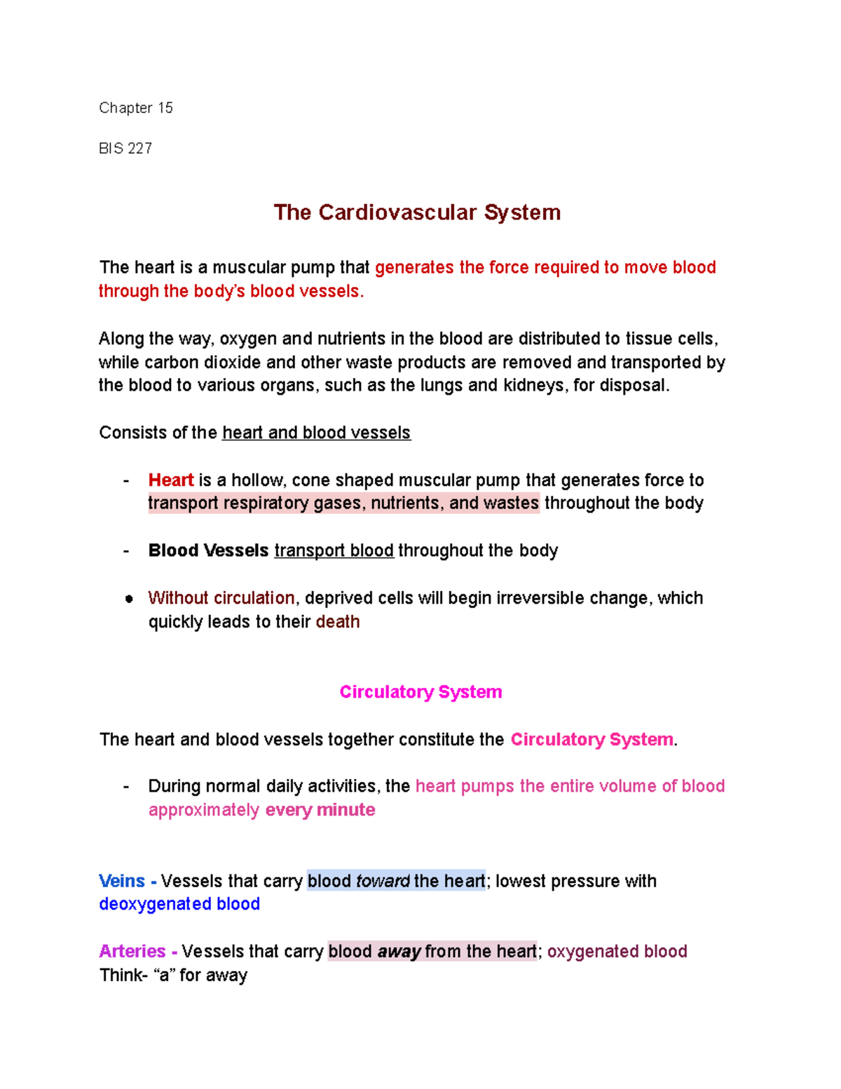 BISC 227 Chapter 15 Cardiovascular System Notes - Chapter 15 BIS 227 ...