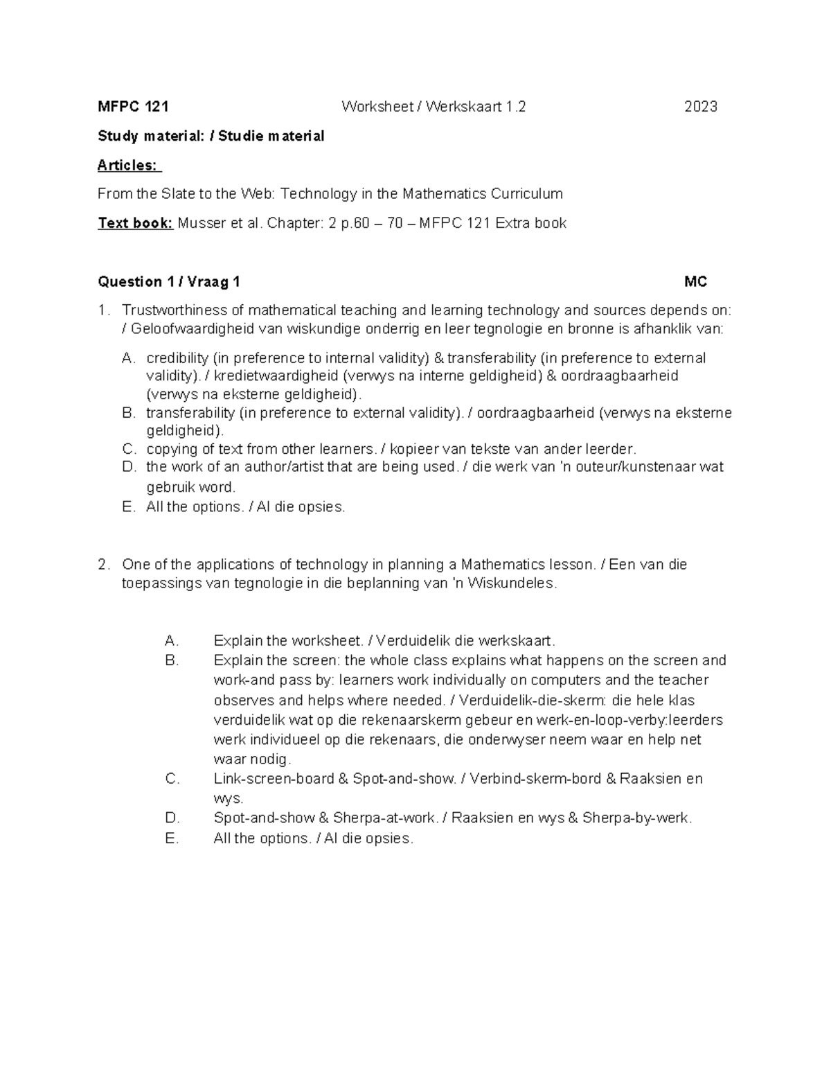 MFPC 121 Worksheet 1.2 2023 - MFPC 121 Worksheet / Werkskaart 1 2023 ...