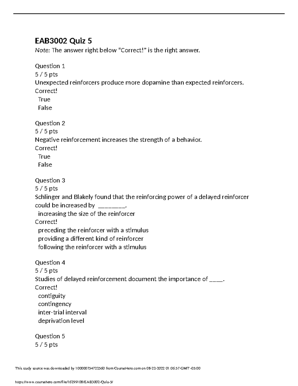 EAB 3002 Quiz 5 - EAB 3002 Quiz 5 - EAB3002 Quiz 5 Note: The answer right below “Correct!” is ...