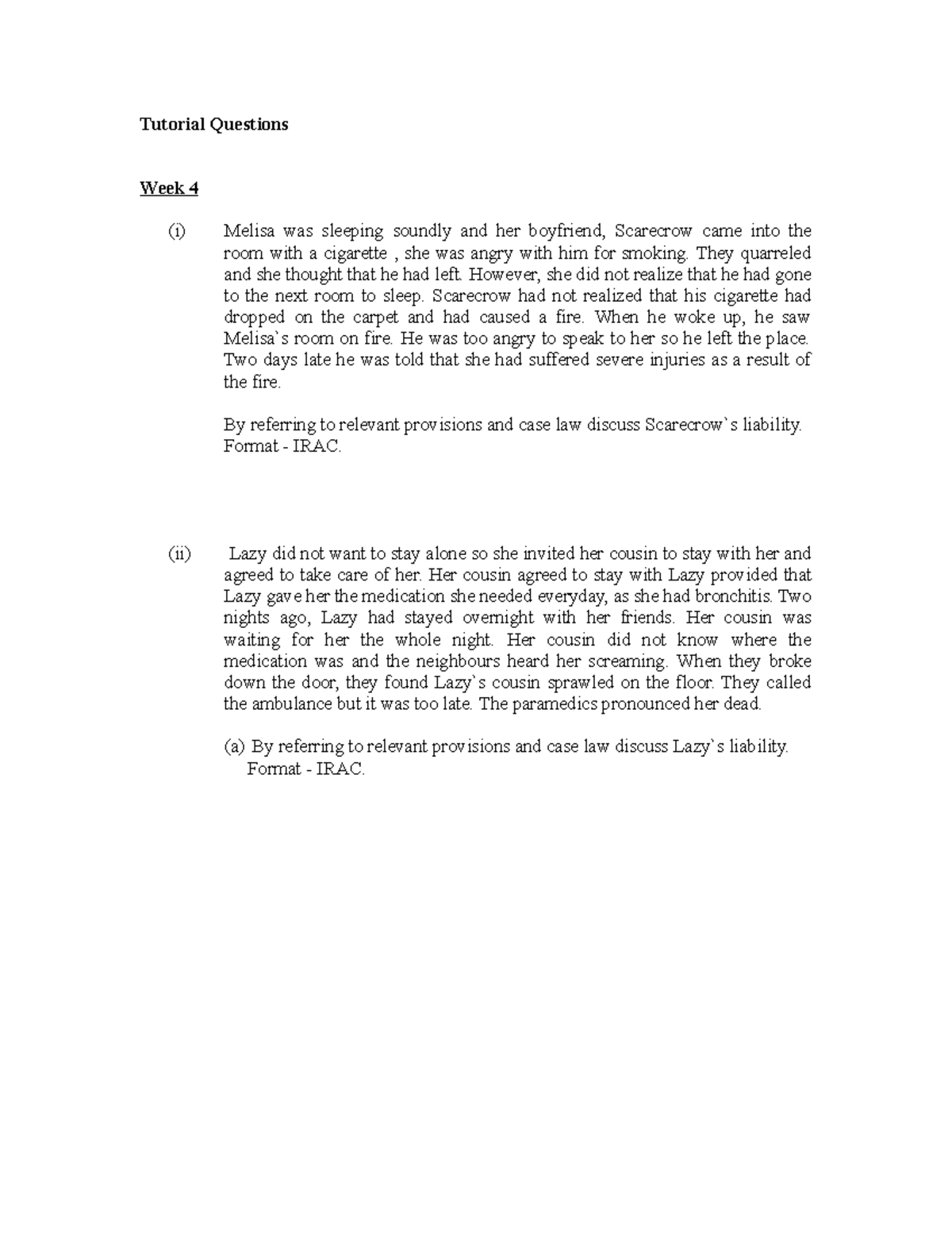Tutorial Questions Week 4 - Tutorial Questions Week 4 (i) Melisa was ...
