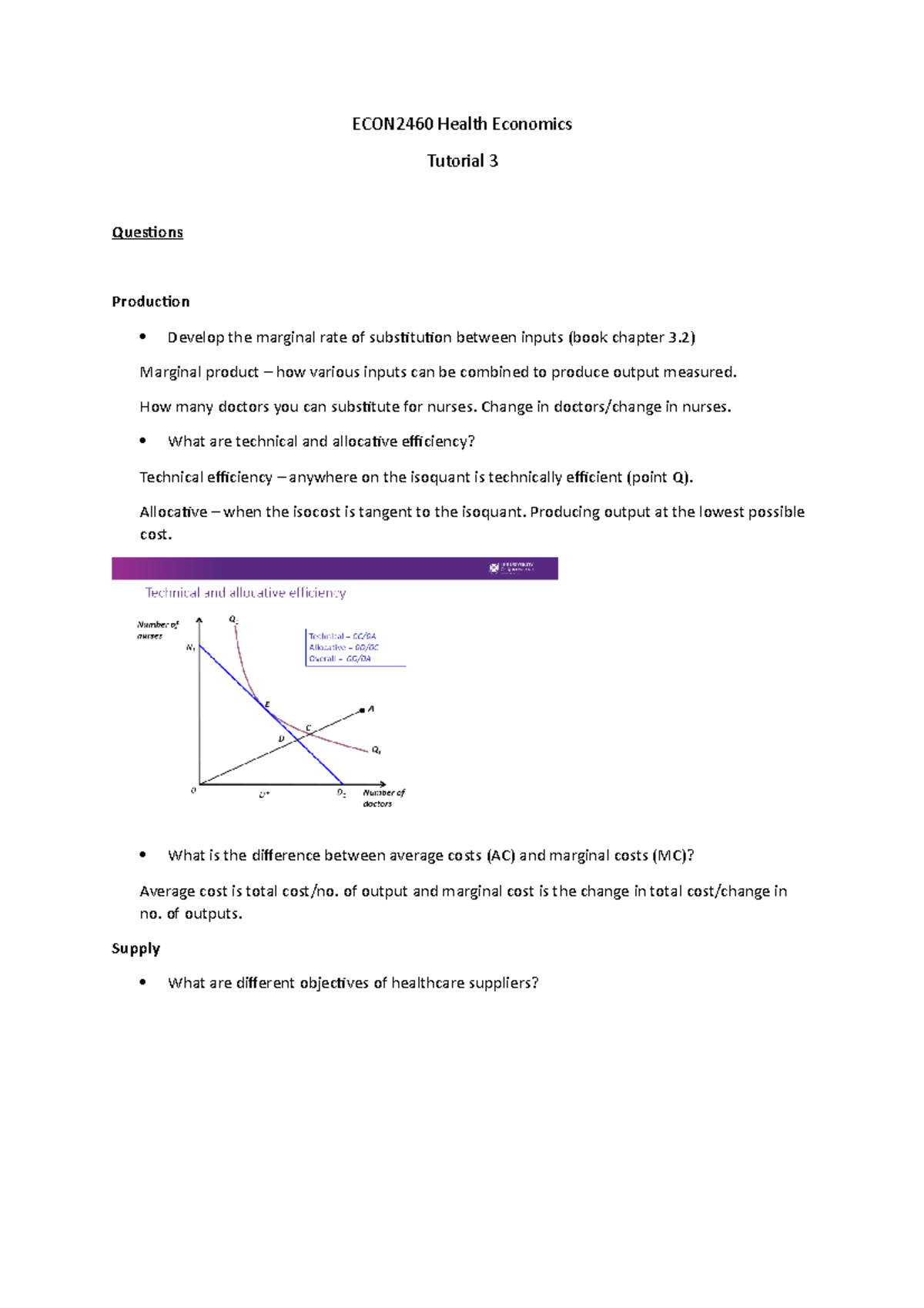Tutorial 3 Supply Q - ECON2460 Health Economics Tutorial 3 Questions ...
