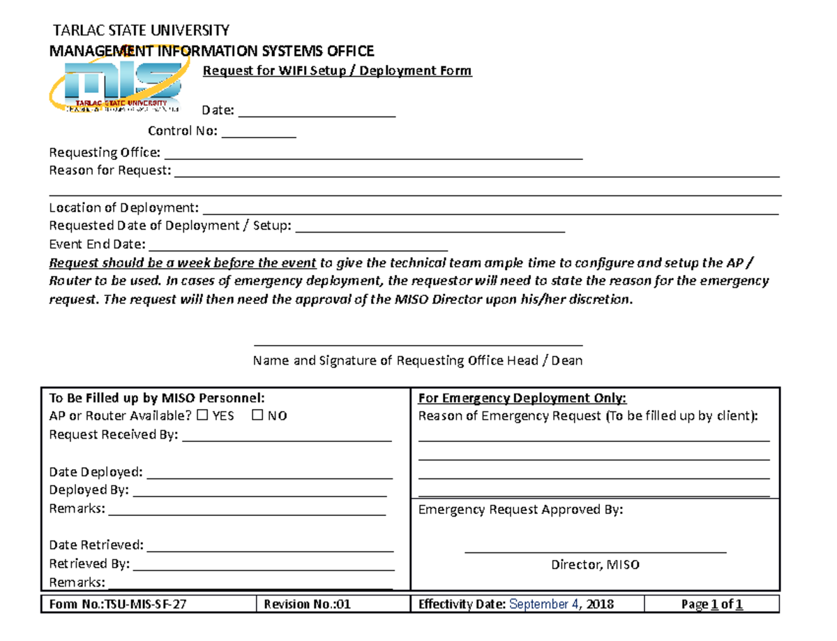 Tsu mis sf 27 wifi setup deployment - TARLAC STATE UNIVERSITY MANAGEMENT INFORMATION SYSTEMS ...