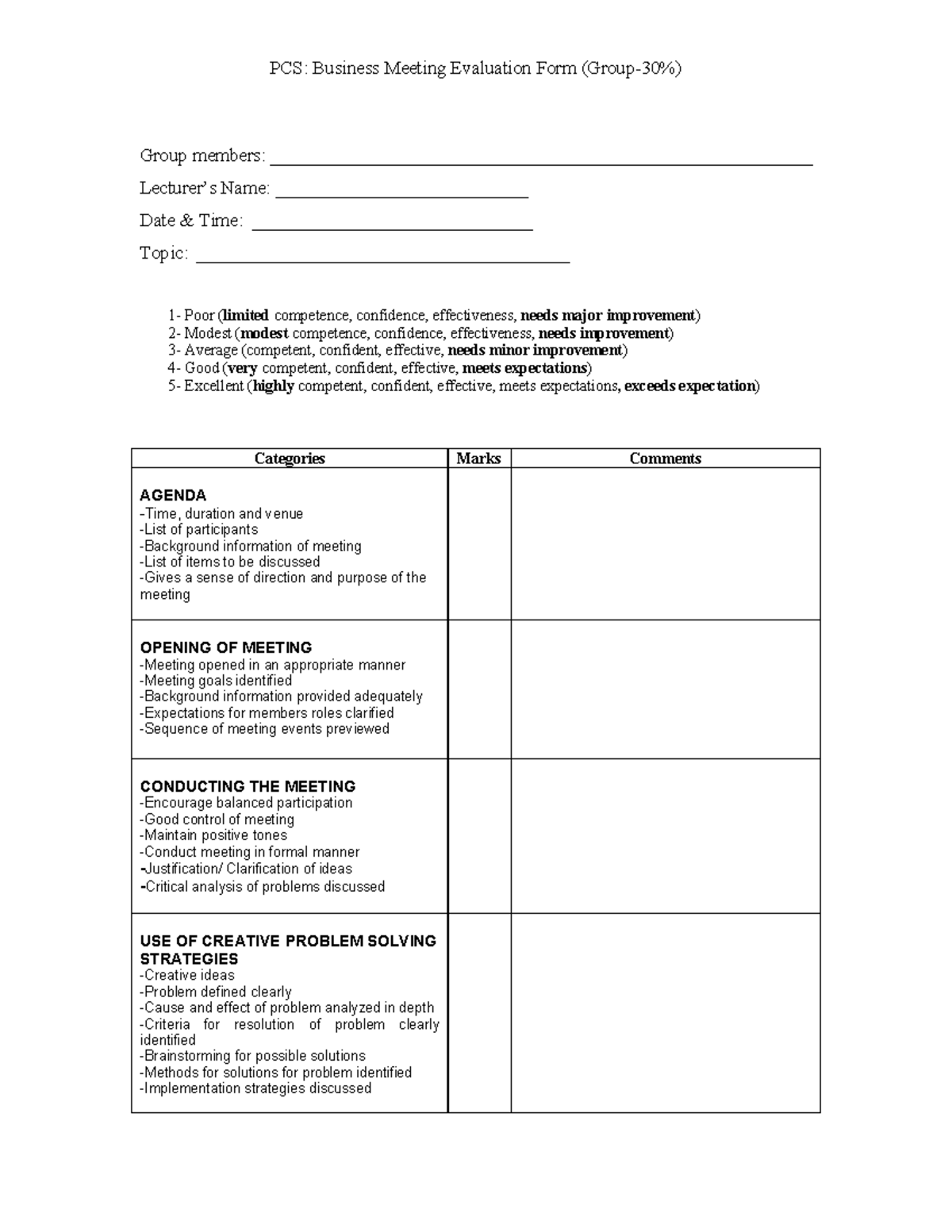 Business Meeting Evaluation Form - Studocu