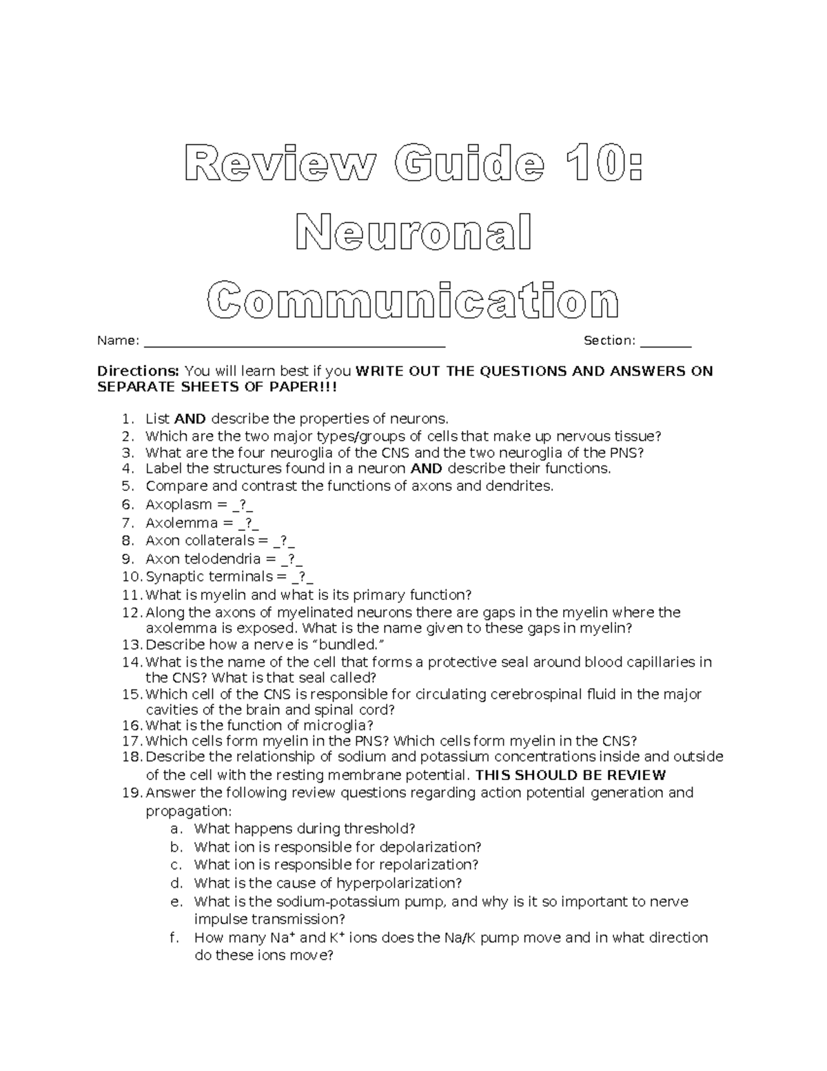 10 Neuronal Communication Review Guide 2021 - Name
