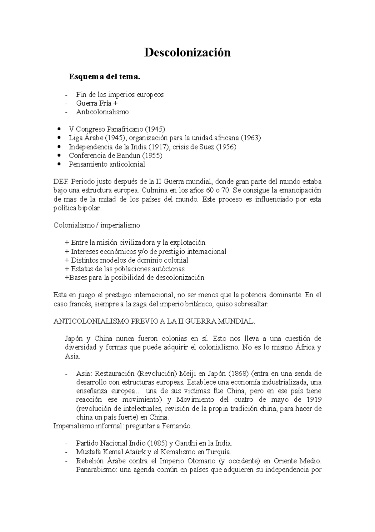 Descolonización - Tema esquematizado de la descolonización de la asignatura de Historia del ...