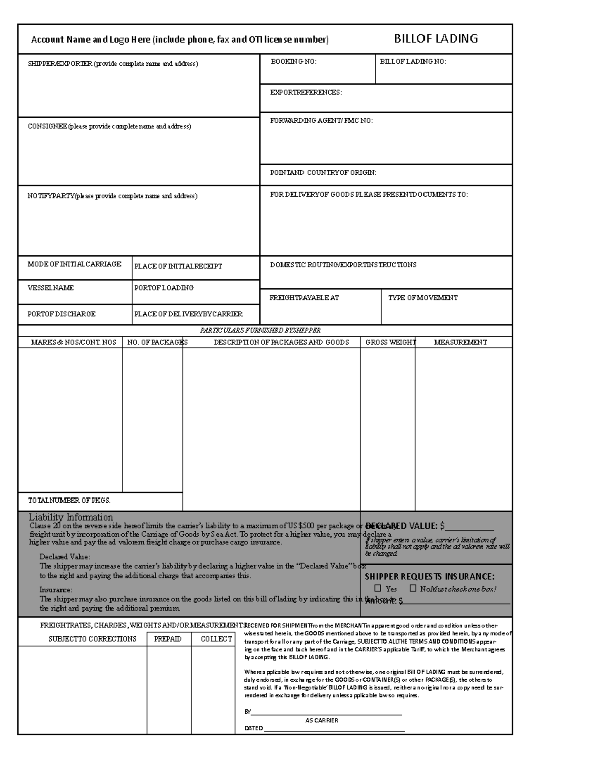 Bill of loading pdf - Account Name and Logo Here (include phone, fax ...