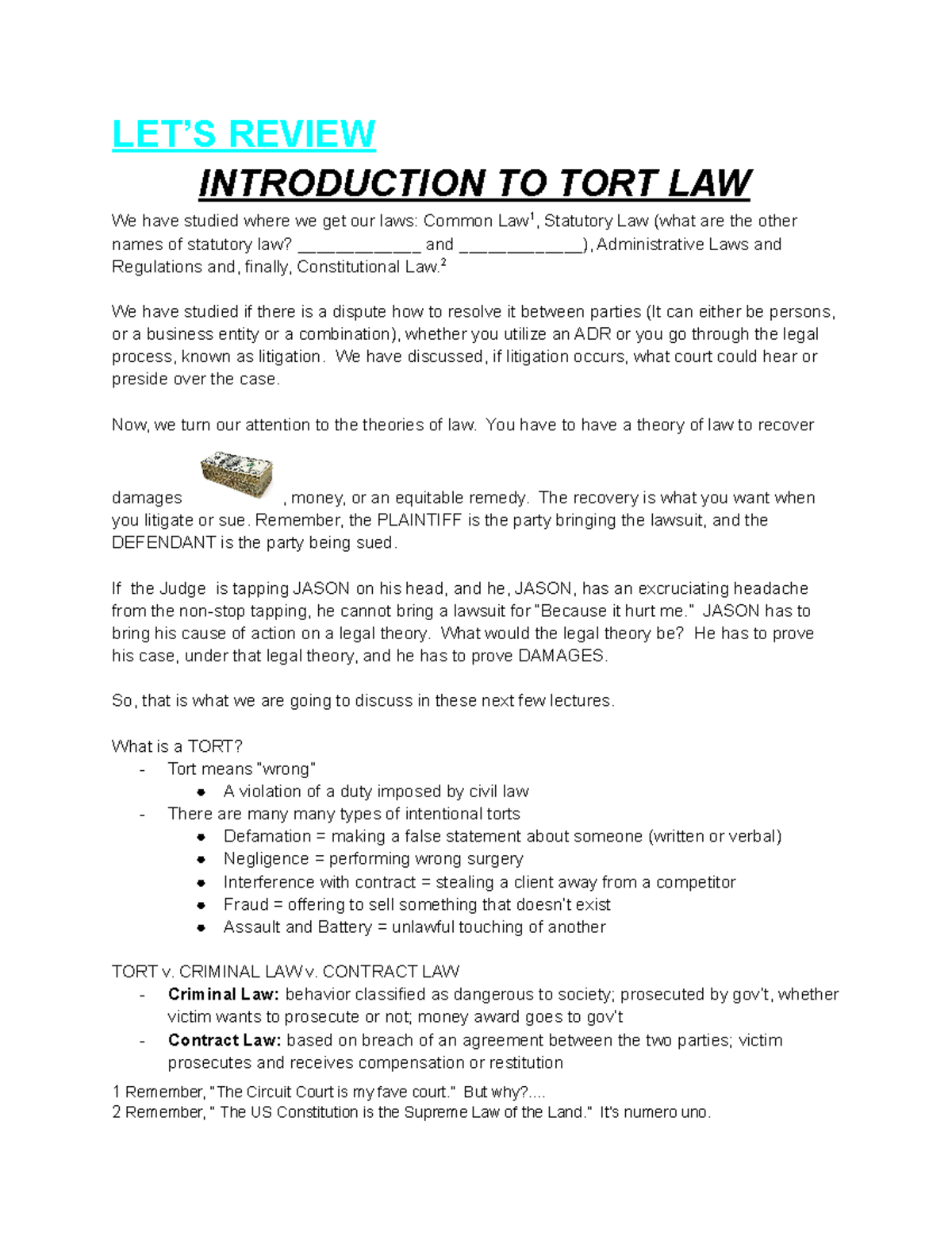 Study Guide for Exam 2 for Business Law - LET’S REVIEW INTRODUCTION TO ...