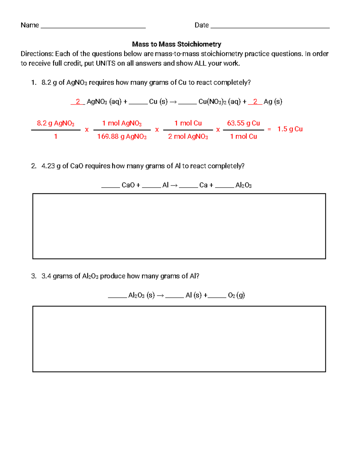 Mass-to-Mass+Stoichiometry+Problems+v2 - Name Date Mass to Mass ...