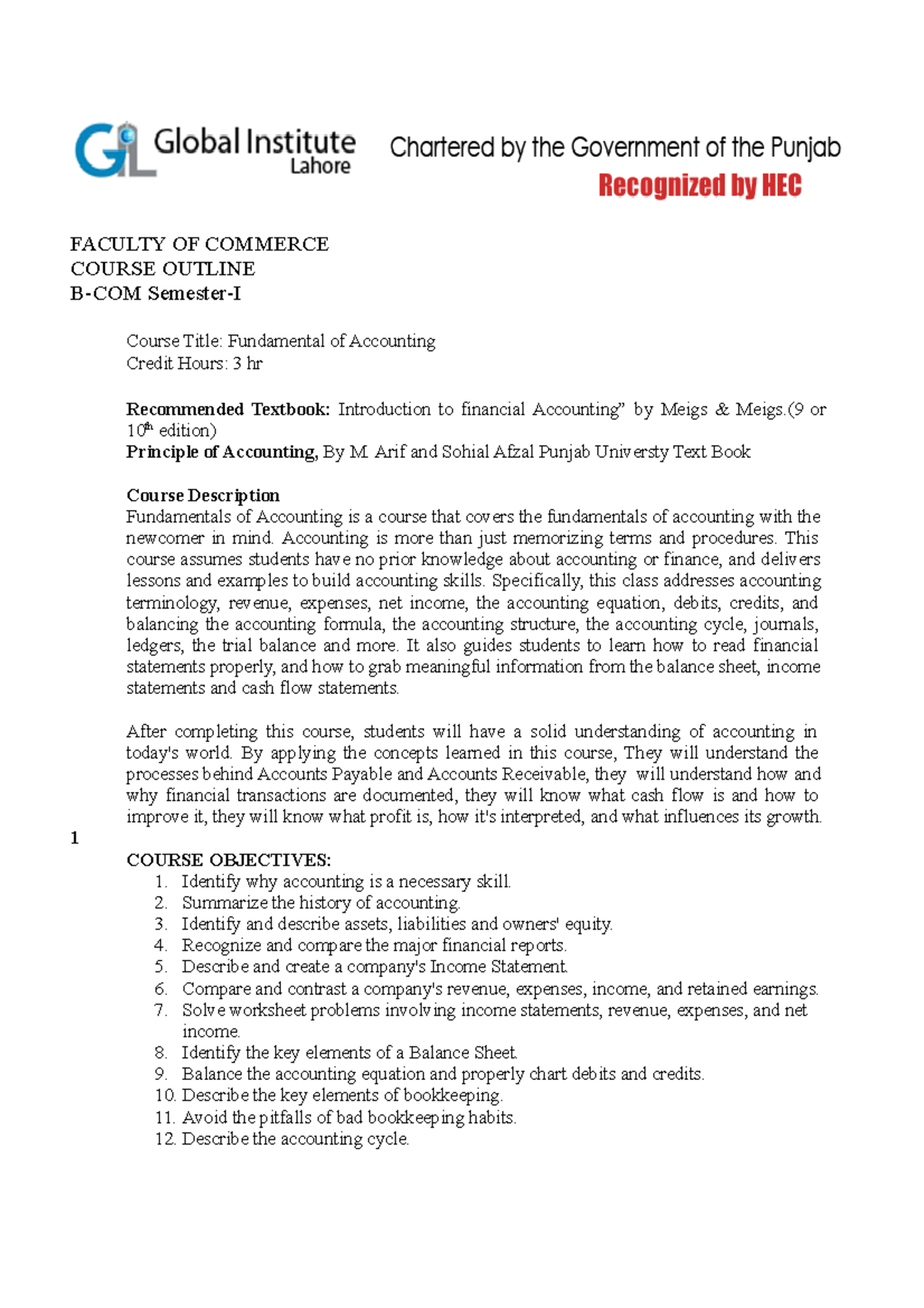 Outline - FACULTY OF COMMERCE COURSE OUTLINE B-COM Semester-I Course ...