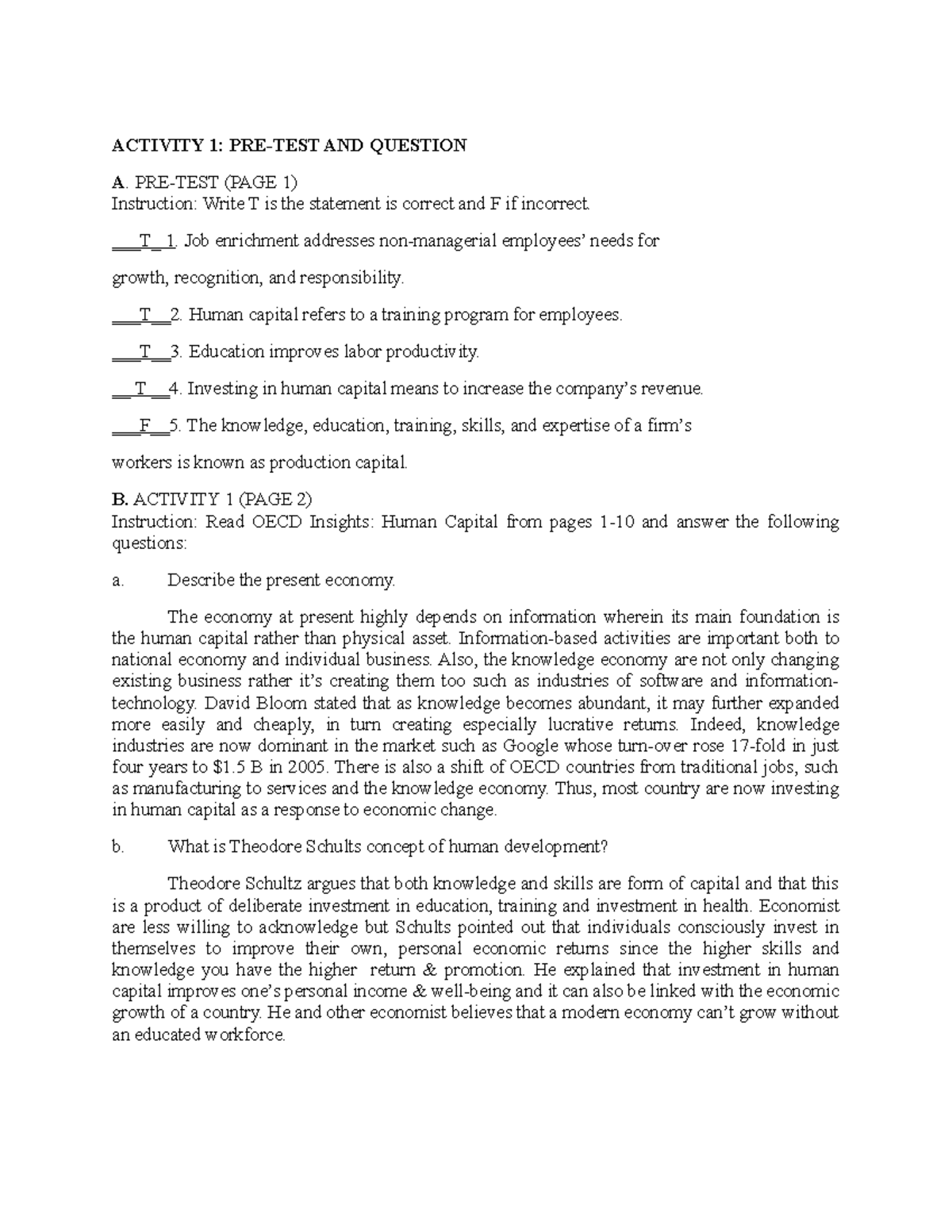 WEEK 1 Activity ECON - economics - ACTIVITY 1: PRE-TEST AND QUESTION A ...