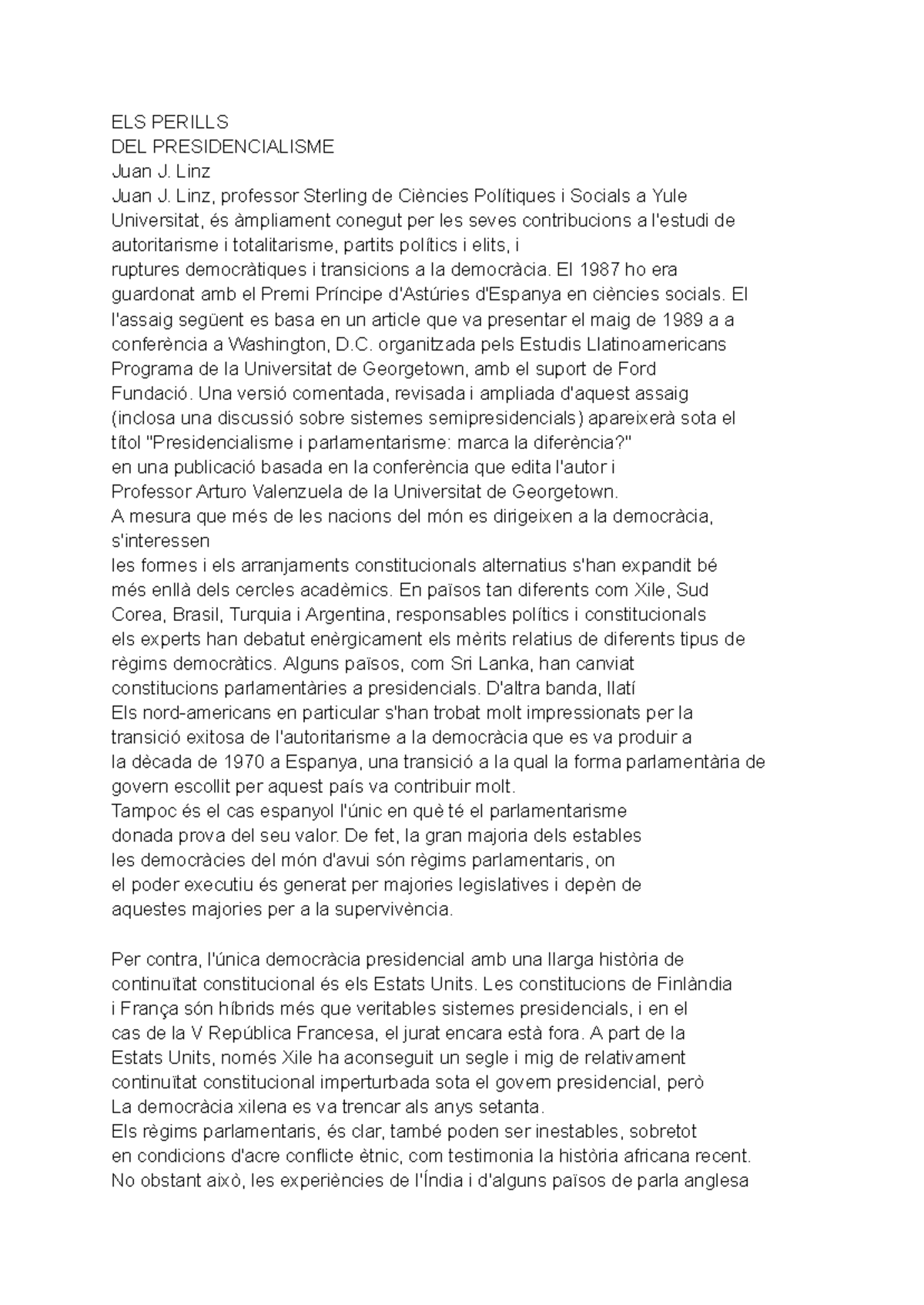 Lectures POLÍTICA Comparada - ELS PERILLS DEL PRESIDENCIALISME Juan J ...