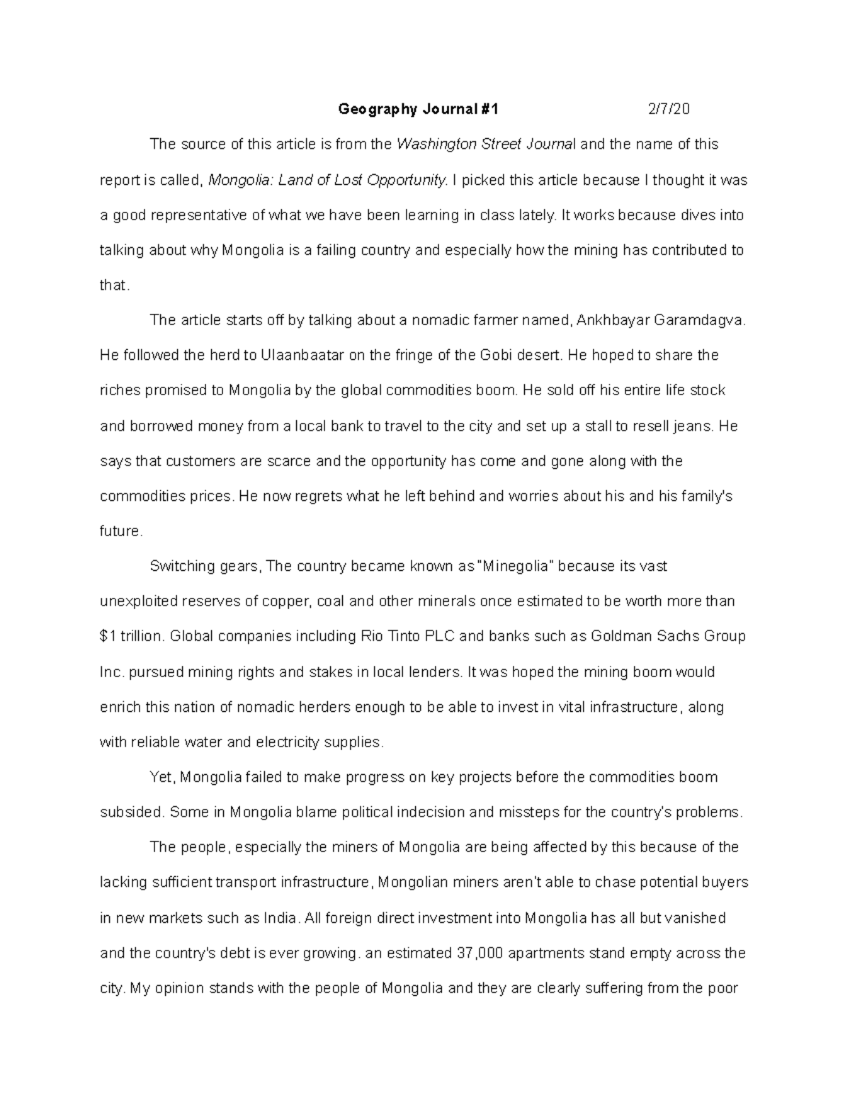 Geography Journal #1 #2 - Geography Journal #1 2/7/ The source of this ...