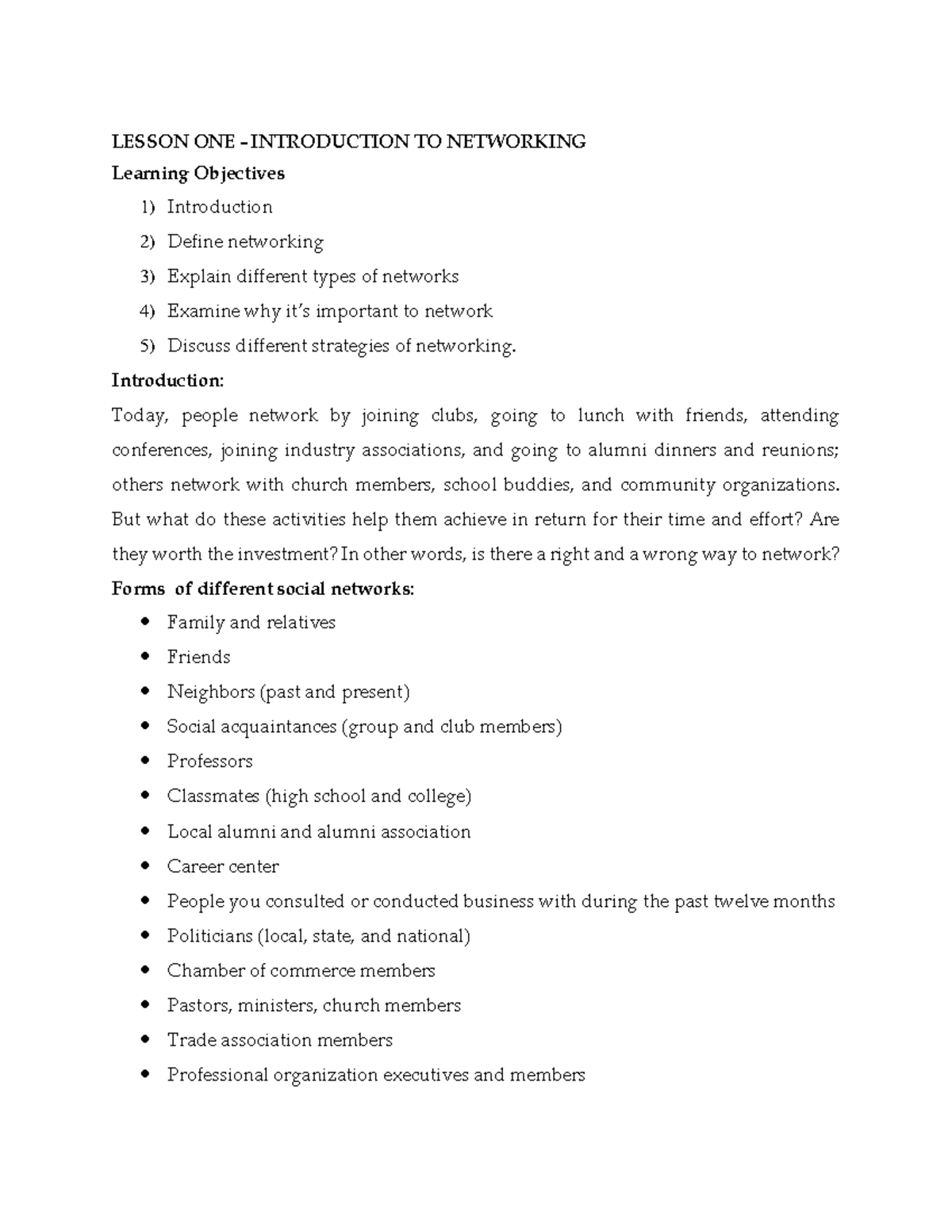 Topic 1 - Introduction to Networking Strategies - LESSON ONE ...