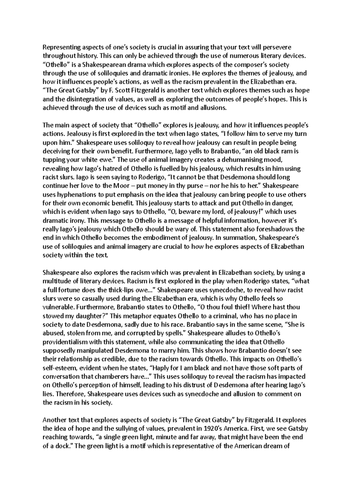 Essay on Module C - Othello, and The Great Gatsby (Nolan Mc Farland ...