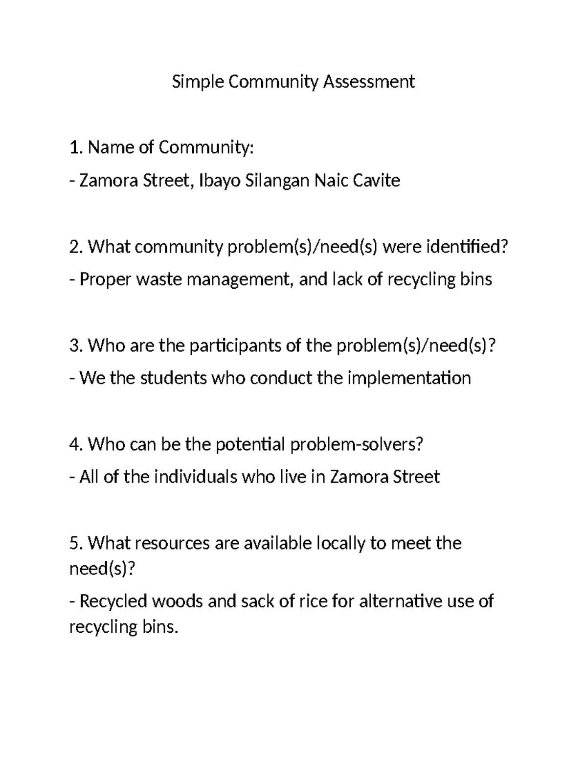 BESR - Simple Community Assessment 1. Name of Community: - Zamora ...