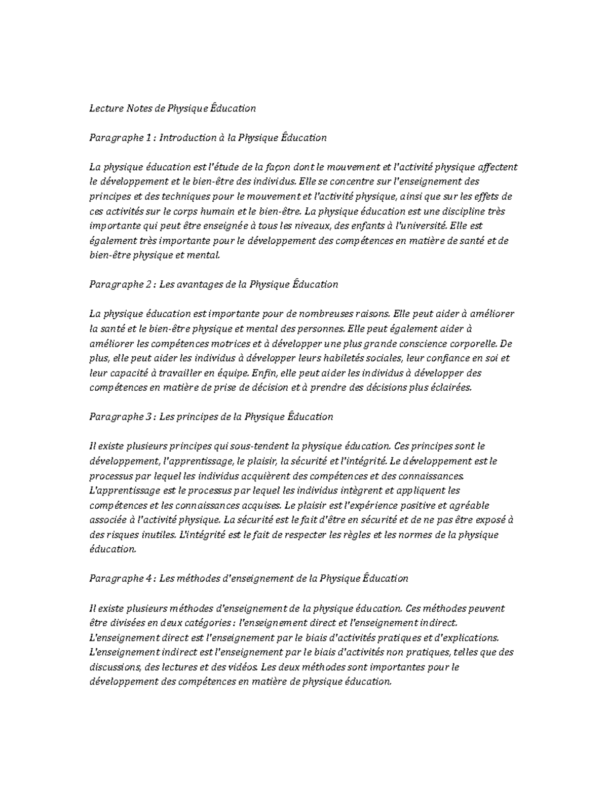 Physical Education note study - Lecture Notes de Physique Éducation ...