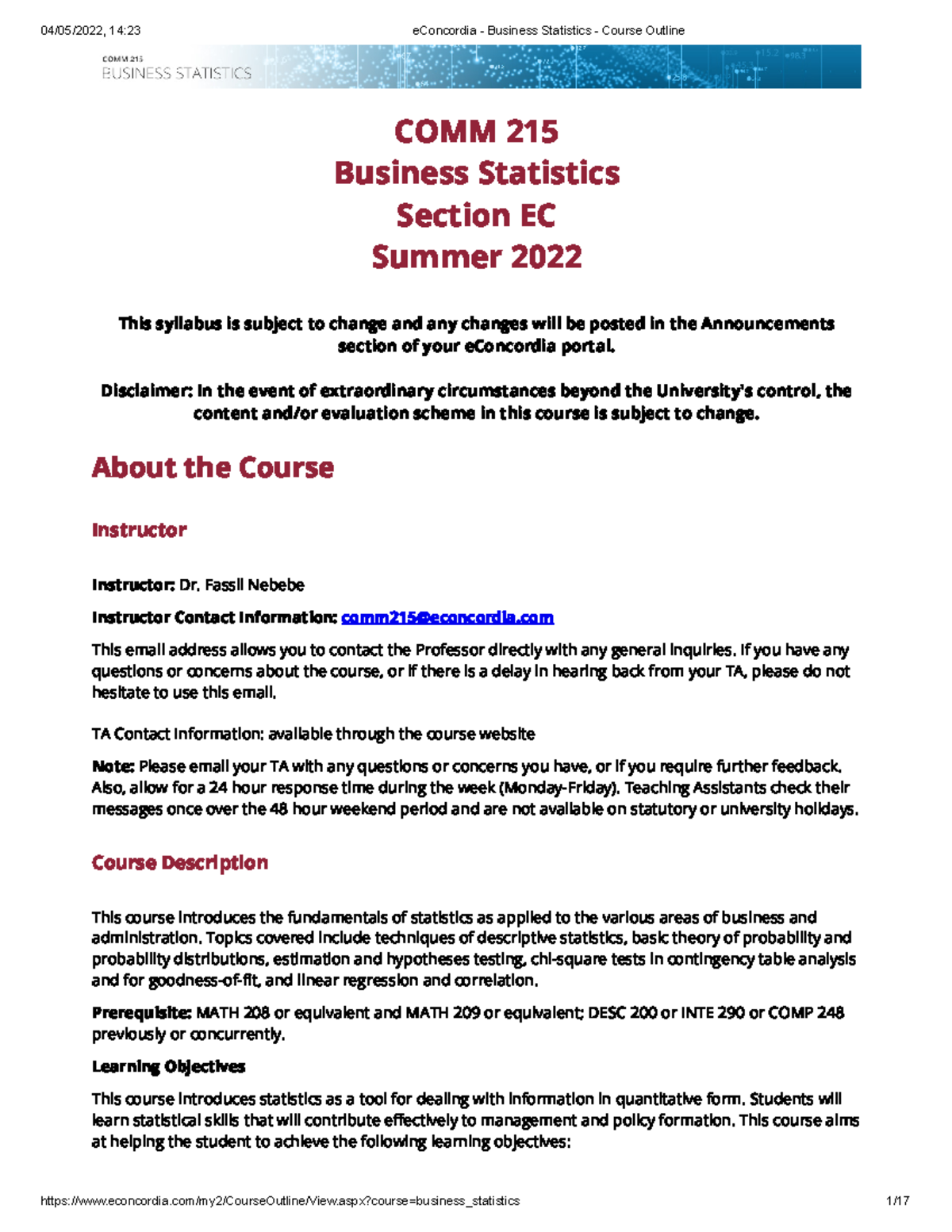 E Concordia - Business Statistics - Course Outline - COMM 215 Business ...