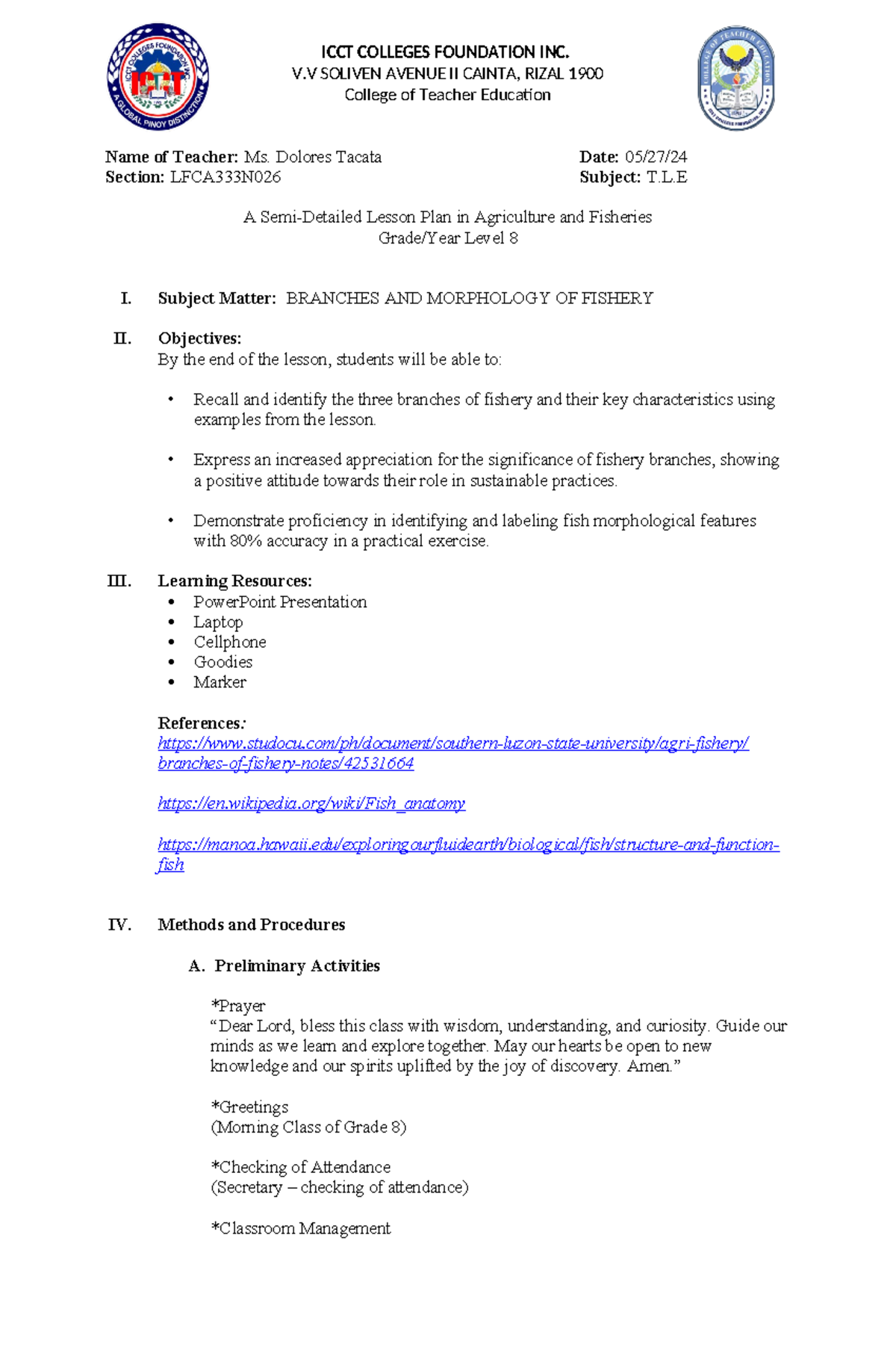 A Semi Detailed Lesson Plan in Agriculture and Fisheries - V SOLIVEN ...