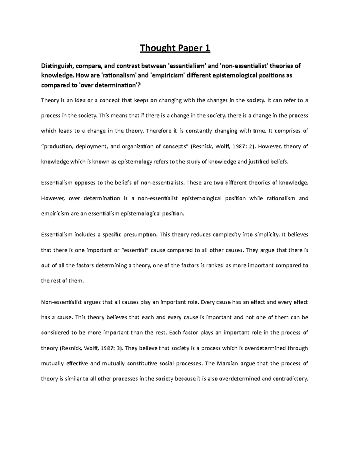 Thought paper 1 - Grade: B+ - Thought Paper 1 Distinguish, compare, and ...