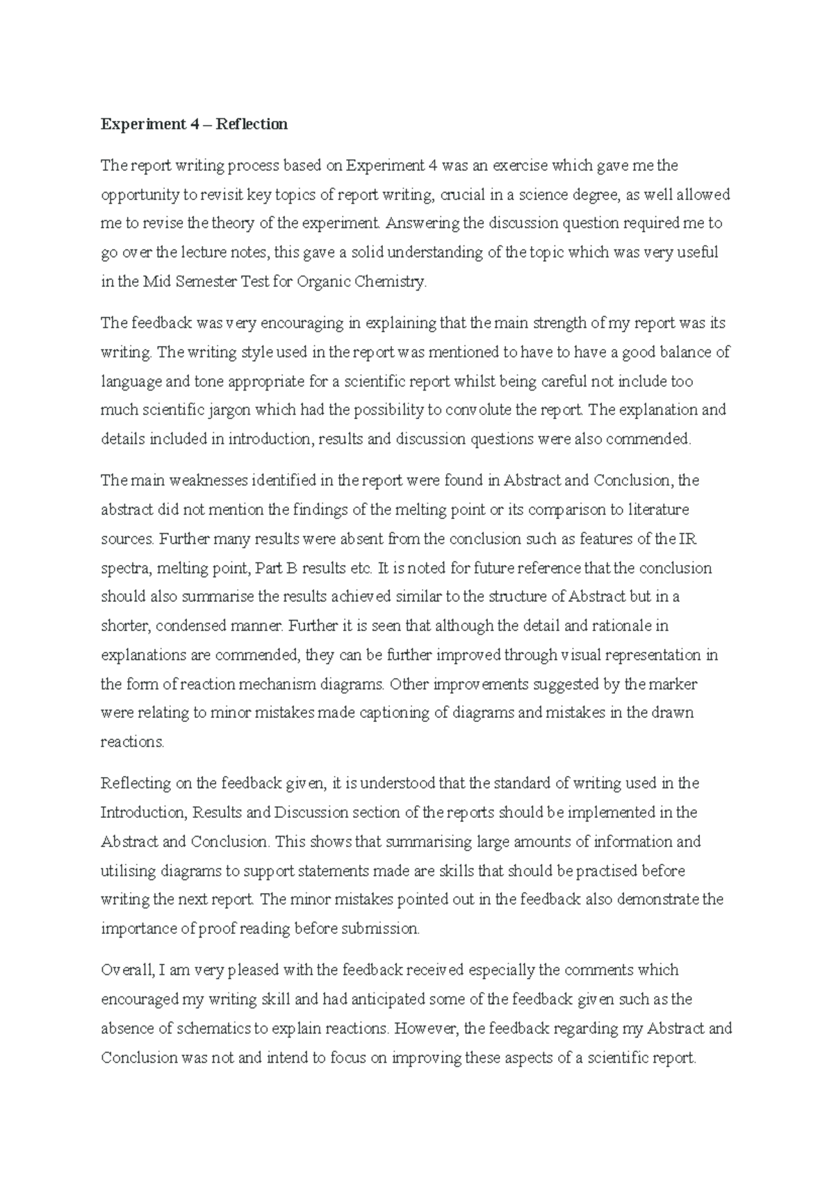 Organic Chemistry Reflection - Experiment 4 2022 - Experiment 4 ...