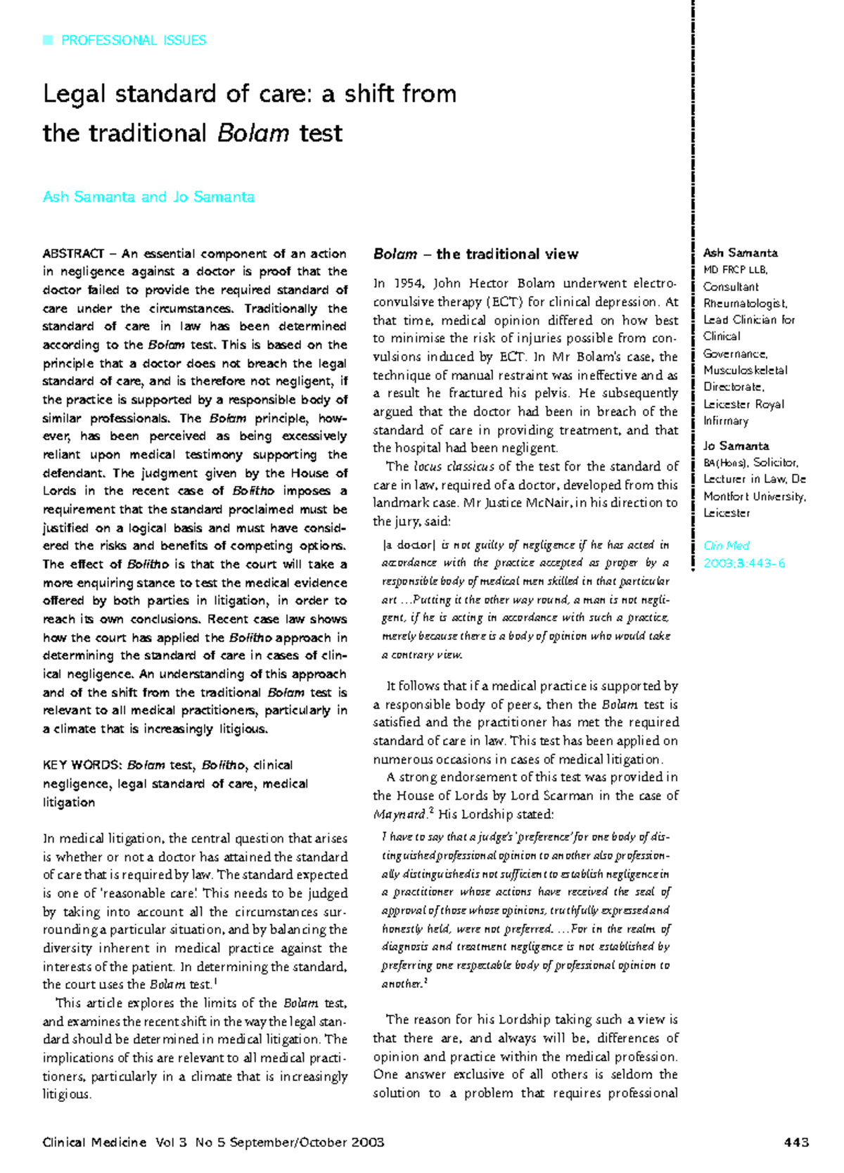 Bolam TEST - busienss law - ABSTRACT – An essential component of an ...