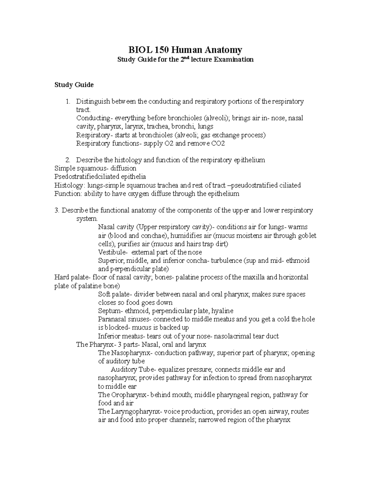 Anatomy study guide-2 - BIOL 150 Human Anatomy Study Guide for the 2nd ...