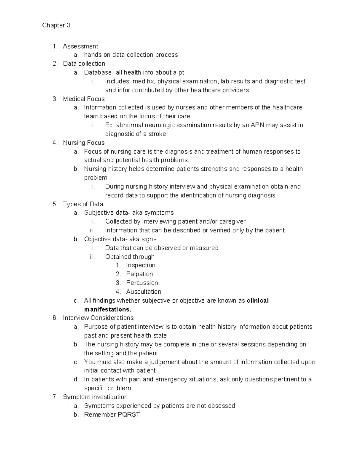 Med Surg Chapter 3 Study Guide Health History and Physical Examination ...