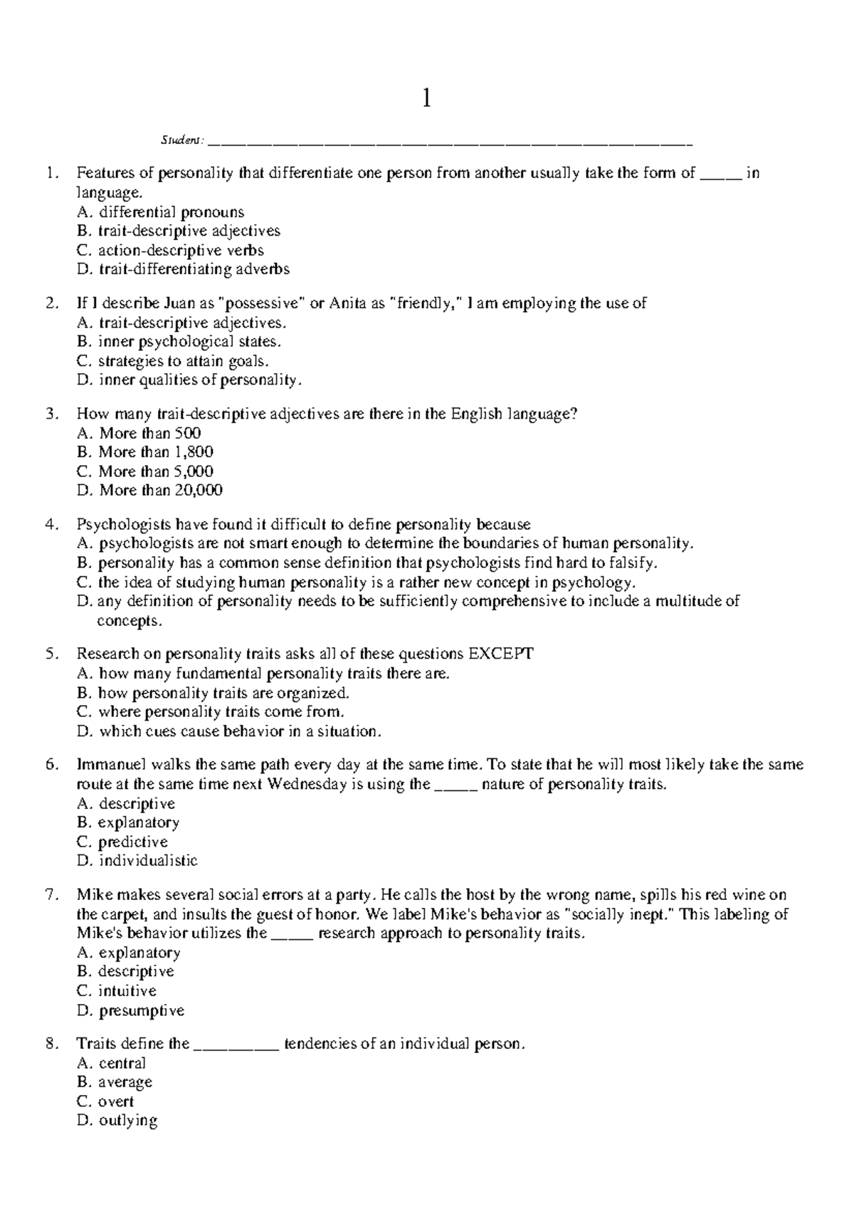 Exam-Example - Test-Questions - 1 Student: - Studeersnel