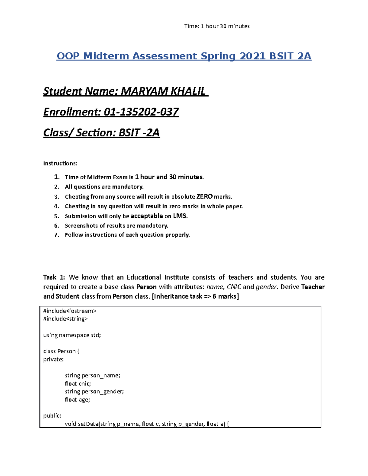 Mid - noNGWGEG - OOP Midterm Assessment Spring 2021 BSIT 2A Student ...