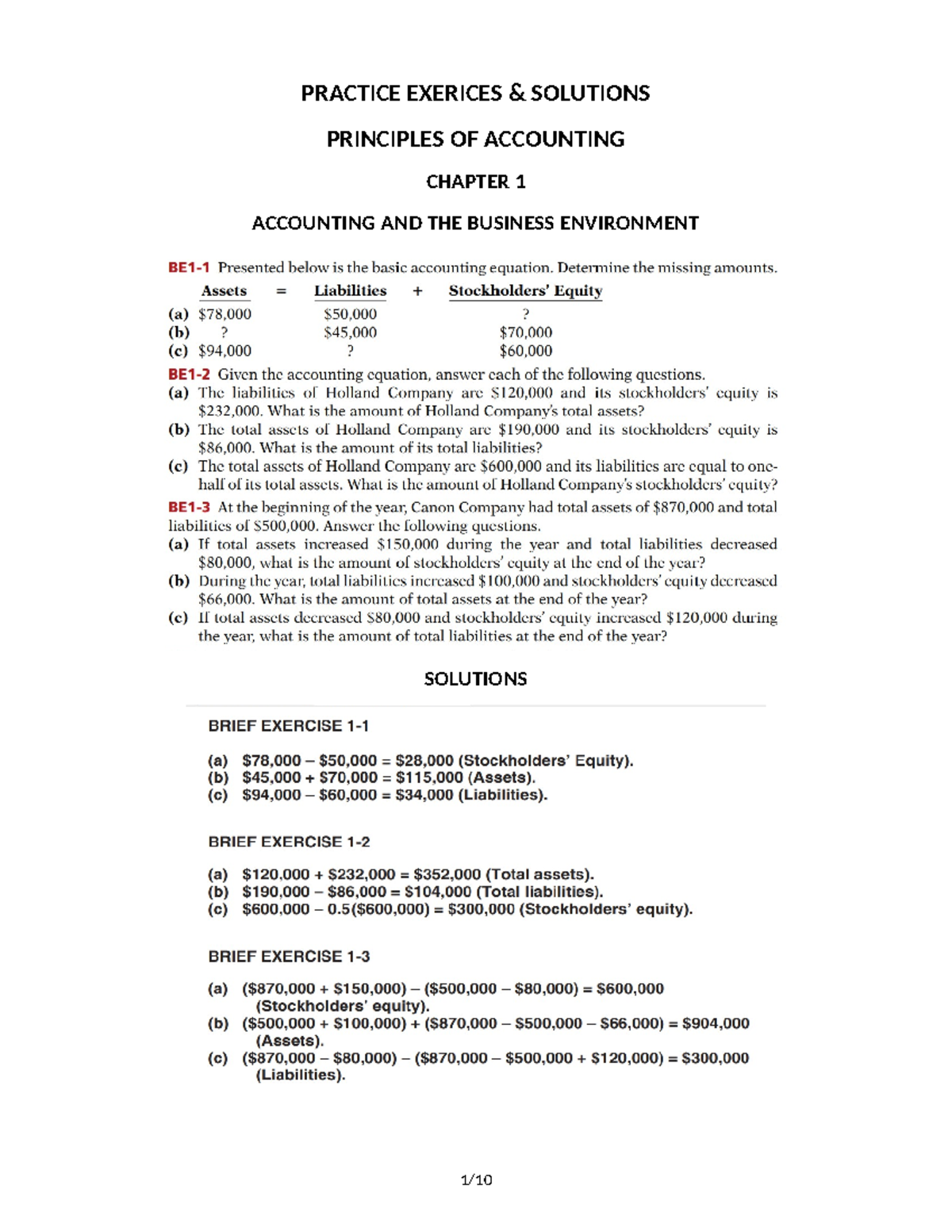 Practice Exercises Solutions I Principles OF Accounting - PRACTICE EXERICES & SOLUTIONS - Studocu