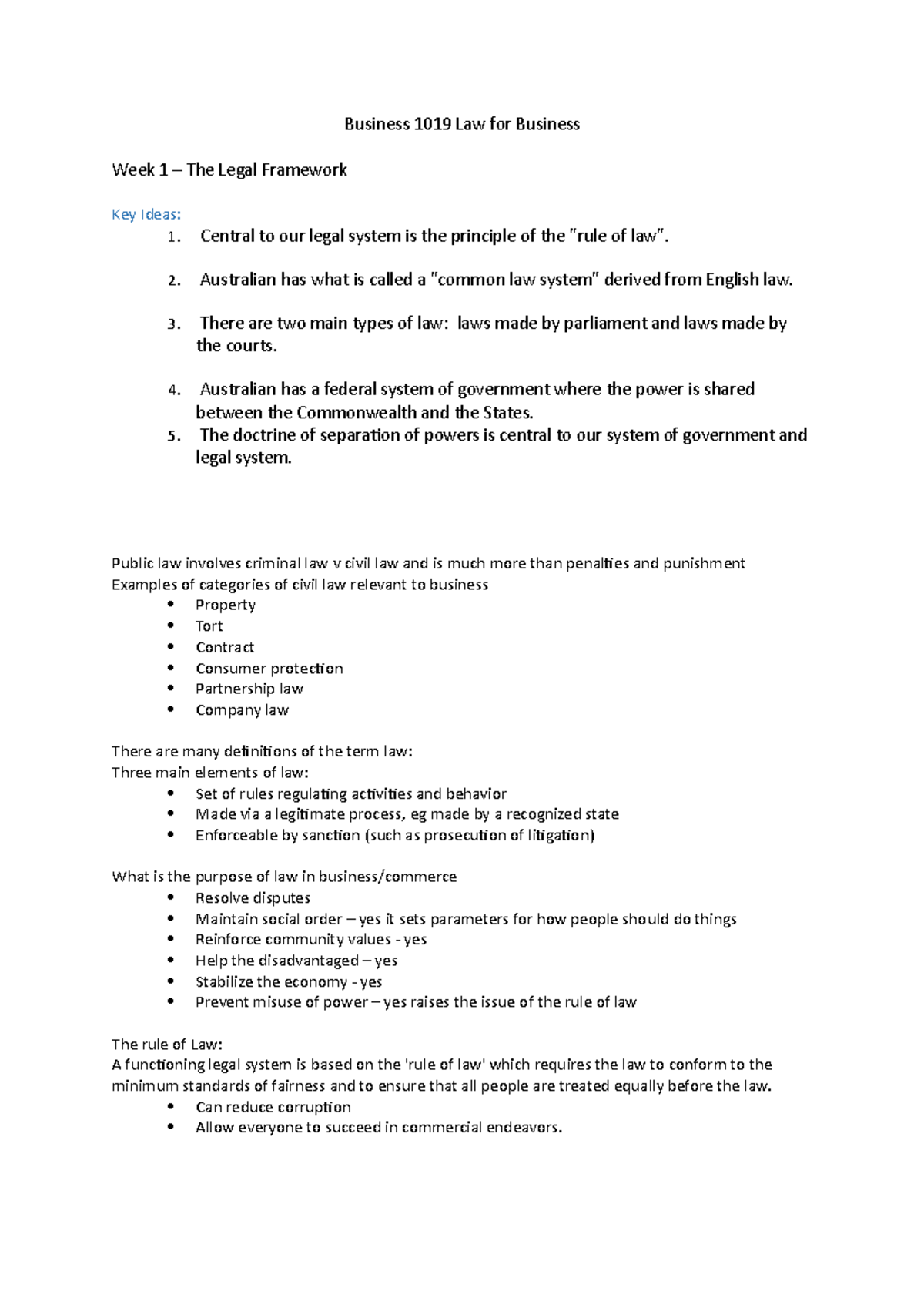 Law For Business 1019 Week 1 Lecture Notes - Business 1019 Law for ...
