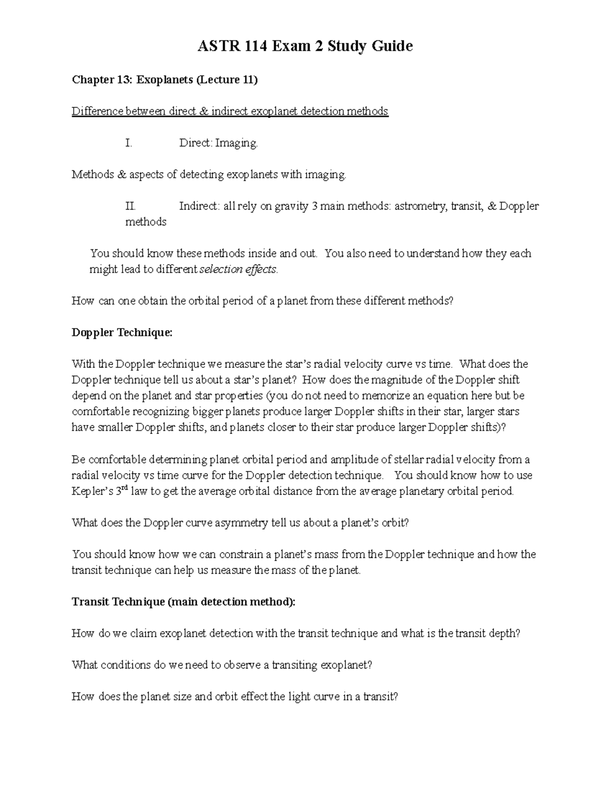 ASTR 114 Exam 2 Study Guide - Chapter 13: Exoplanets (Lecture 11) Difference between direct ...