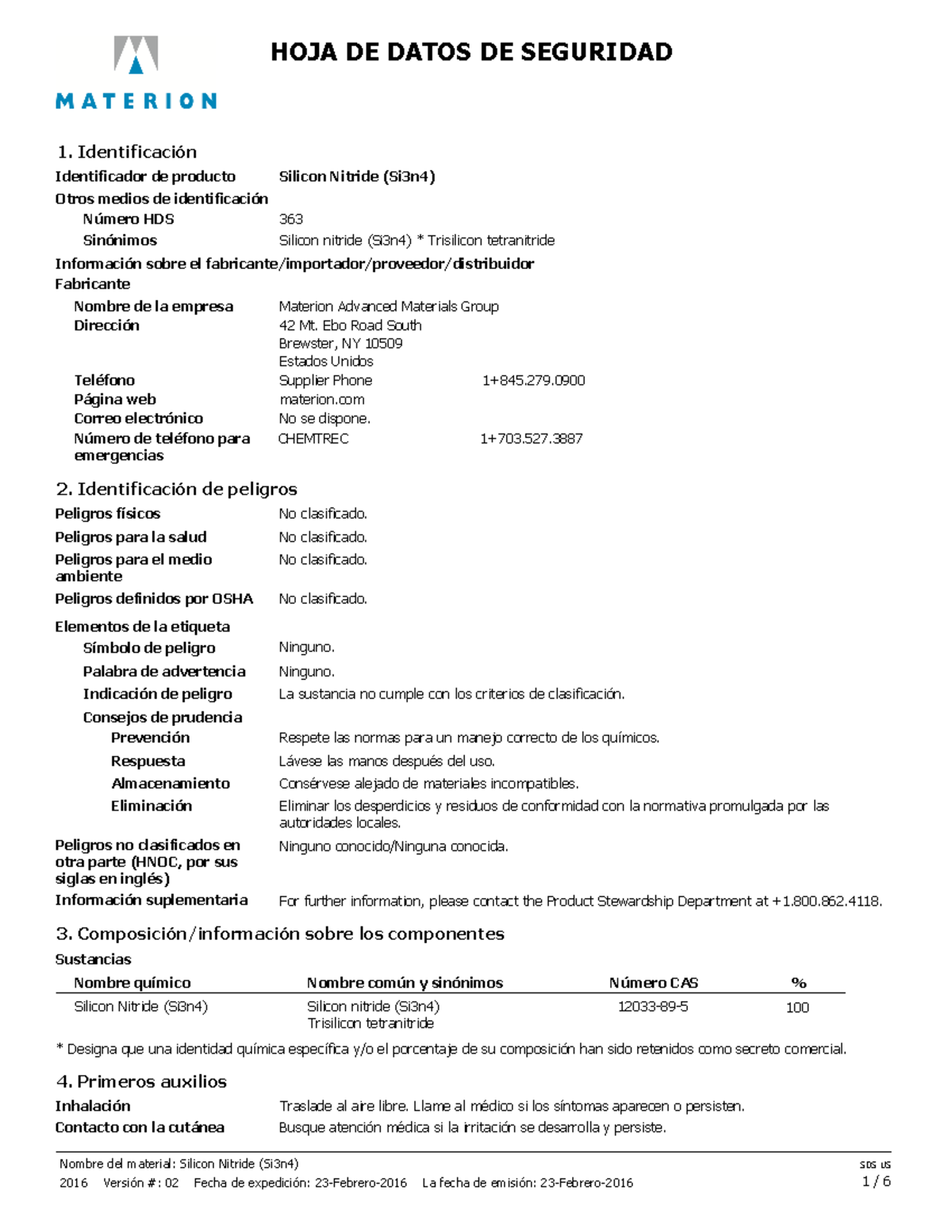 363 Silicon Nitride (SI3N4) SDS-US Mexican Spanish - HOJA DE DATOS DE ...