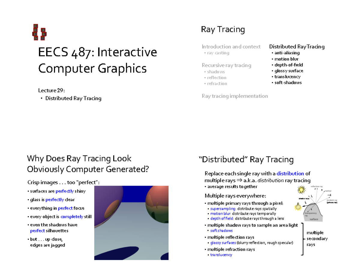 Lecture Notes Lecture 29 Ray Tracing Eecs 487 Interactive Computer Graphics Lecture 29