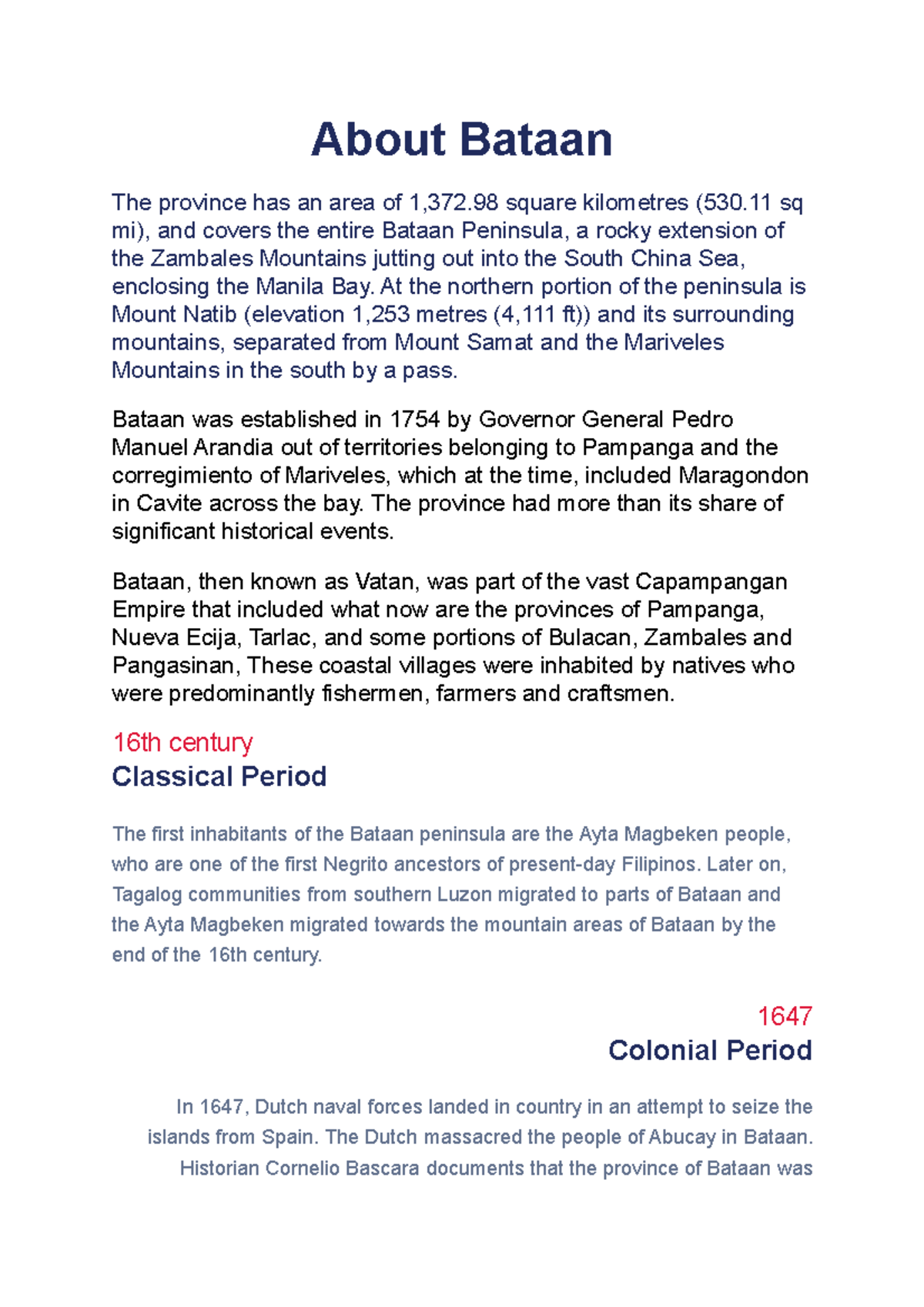 About Bataan - About Bataan The province has an area of 1,372 square ...