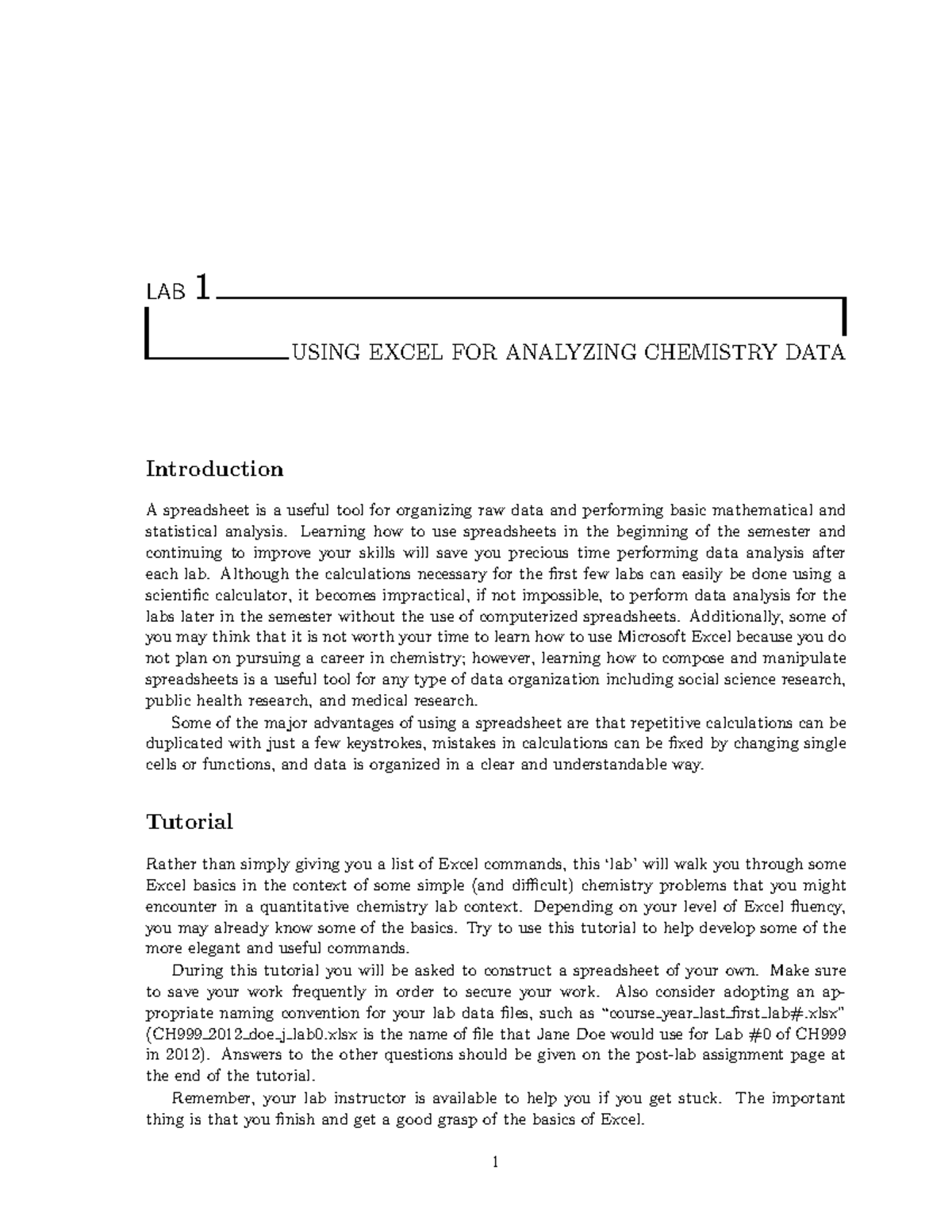 Fa14-Excel-lab - LAB 1 USING EXCEL FOR ANALYZING CHEMISTRY DATA ...