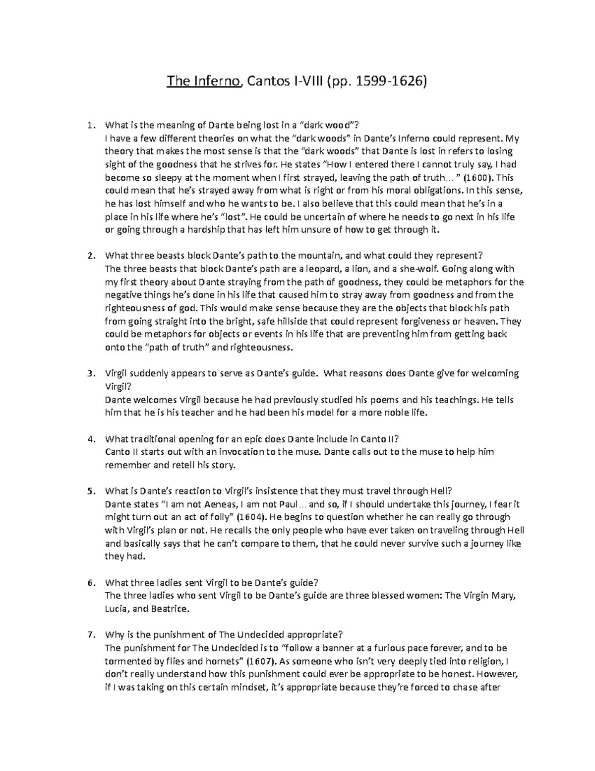 Inferno, Cantos I-VIII - 1599-1626) What is the meaning of Dante being ...