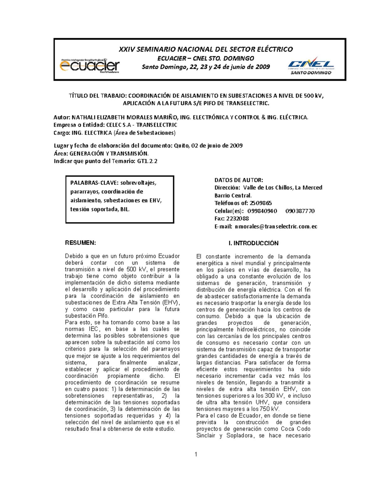 Coordinacion DE Aislamiento EN Subestaciones A Nivel DE 500 k V - TÍTULO DEL TRABAJO ...