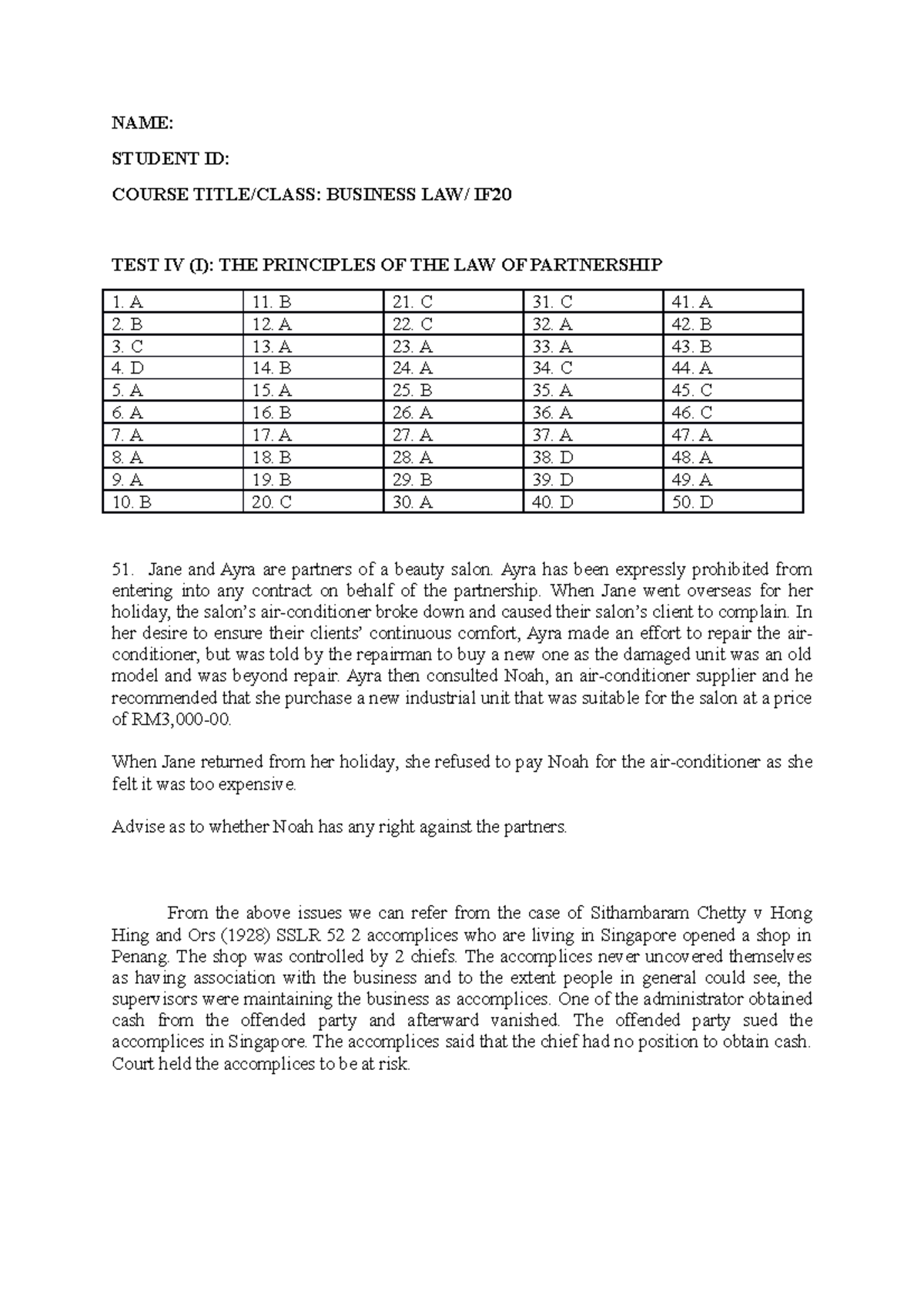 Test law 4 - enjoy this and good luck - NAME: STUDENT ID: COURSE TITLE ...