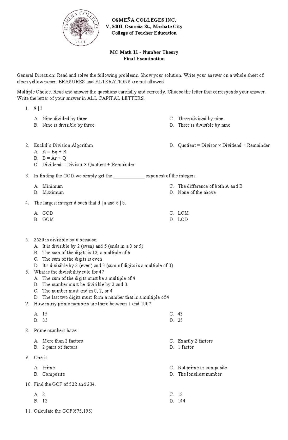 MC Math 11 Final Exam - TEST - OSMEÑA COLLEGES INC. V, 5400, Osmeña St ...