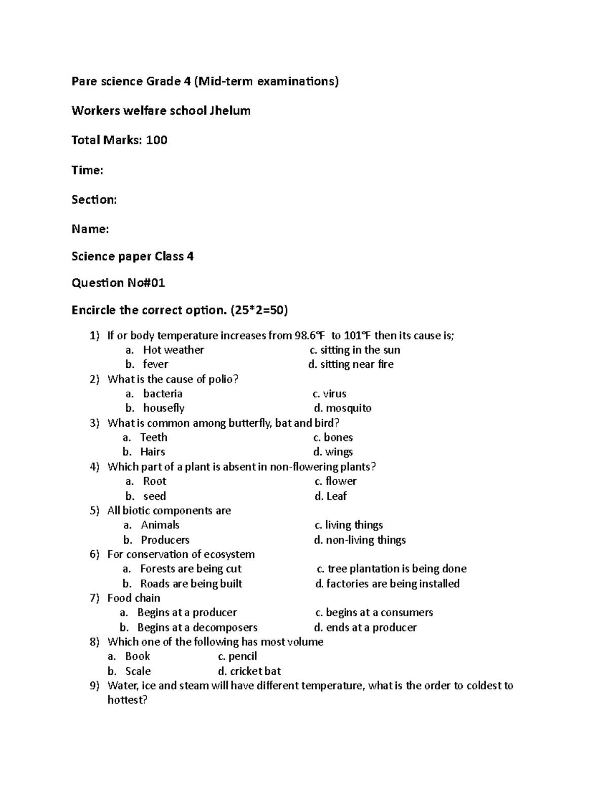 Pare science Grade 4 paper 1 - Pare science Grade 4 (Mid-term ...