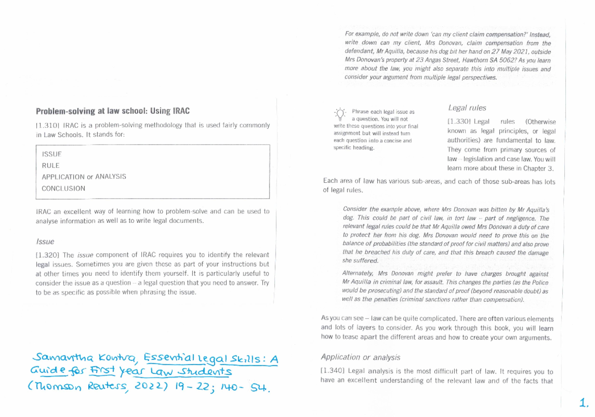 Kontra - legal problem solving - IRAC - For example, do not write down ...