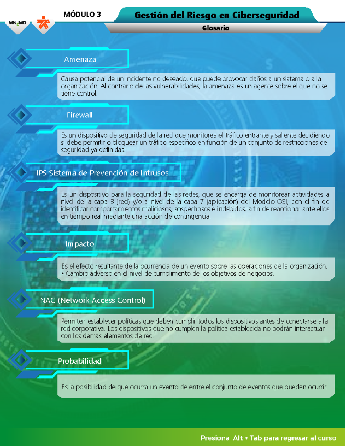 Ciberseguridad glosario M3 - Presiona Alt + Tab para regresar al curso M”DULO 3 Glosario GestiÛn ...