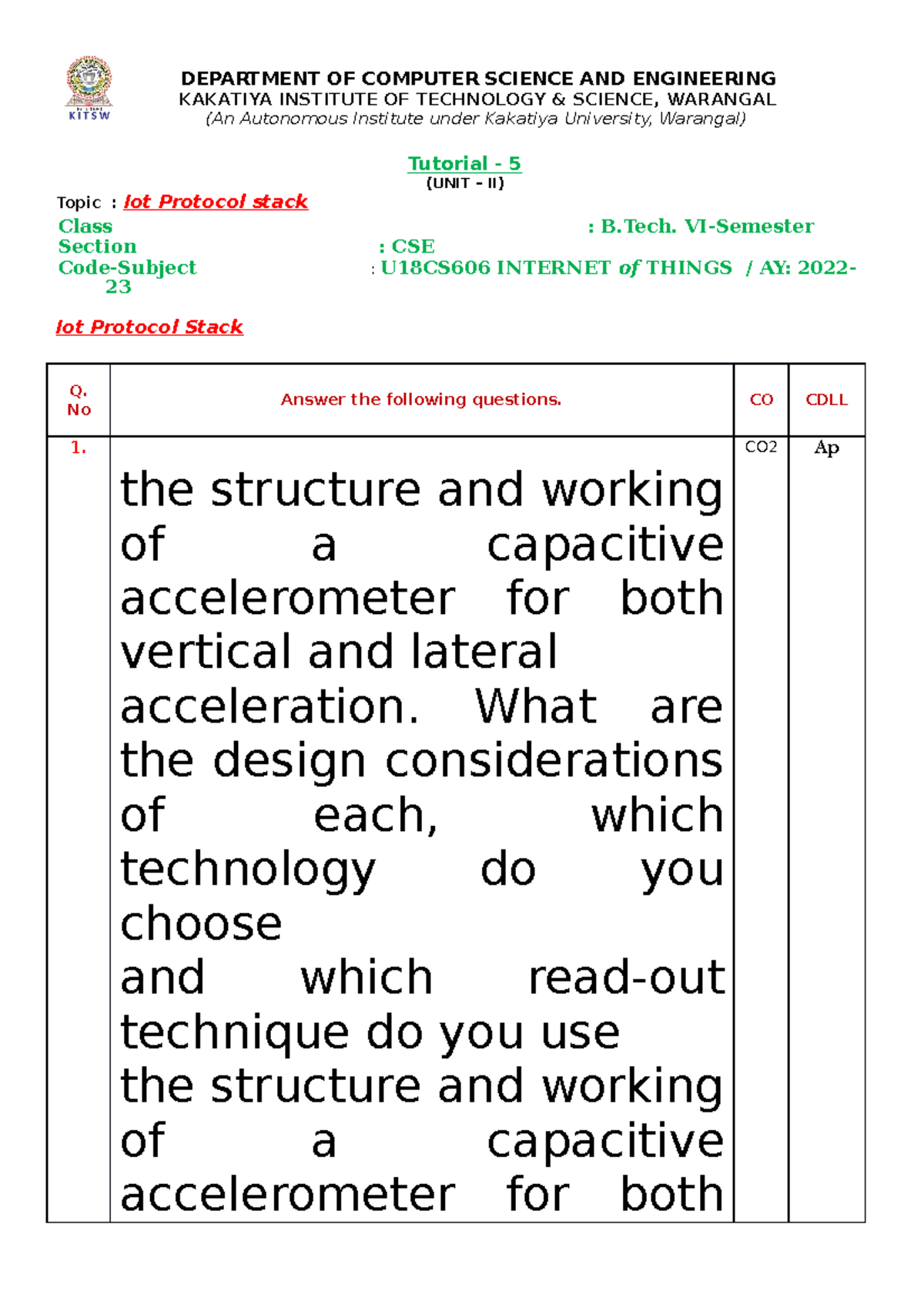 Io T-T5 - Tutorial - KAKATIYA INSTITUTE OF TECHNOLOGY & SCIENCE, WARANGALDEPARTMENT OF COMPUTER ...