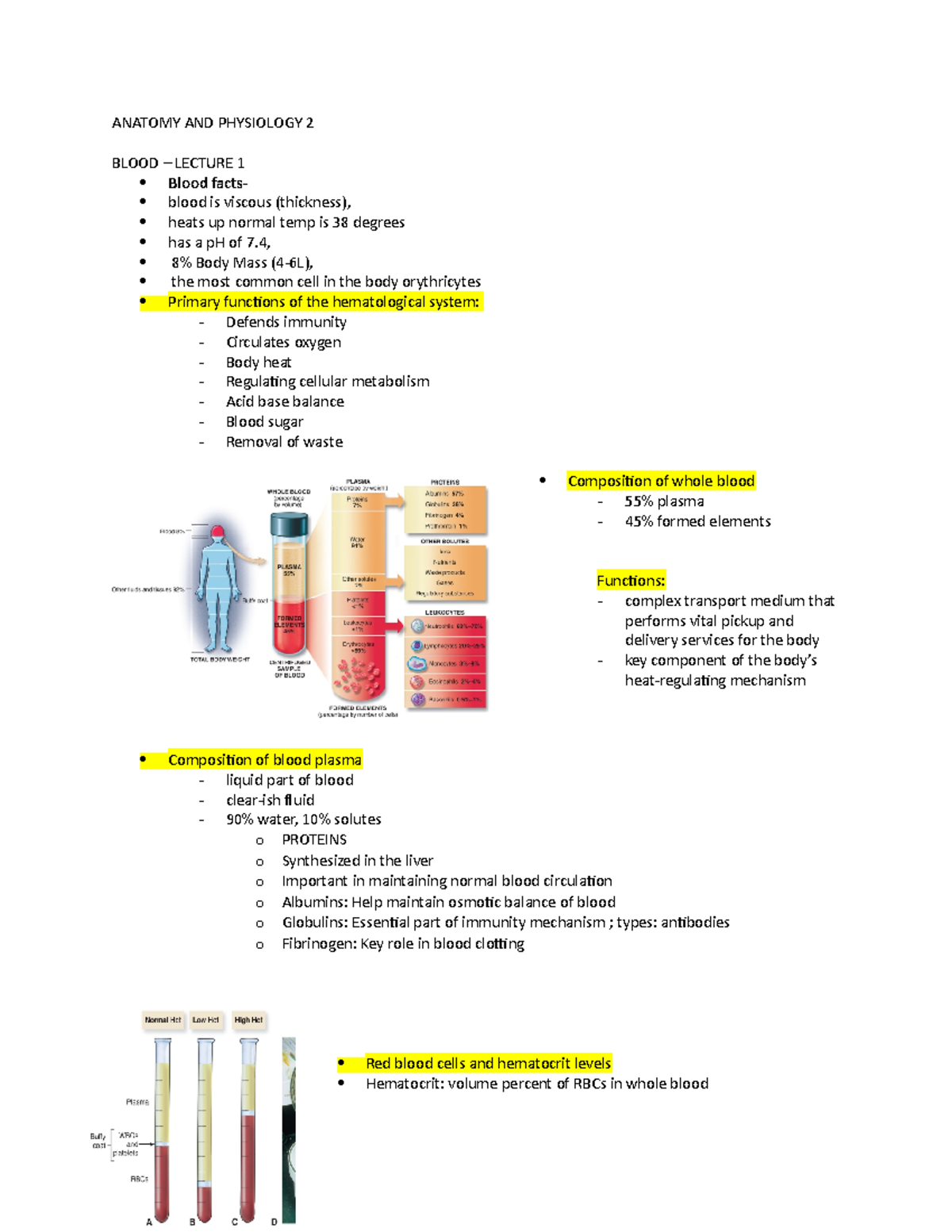 Midterm 1 notes - blah - ANATOMY AND PHYSIOLOGY 2 BLOOD – LECTURE 1 ...
