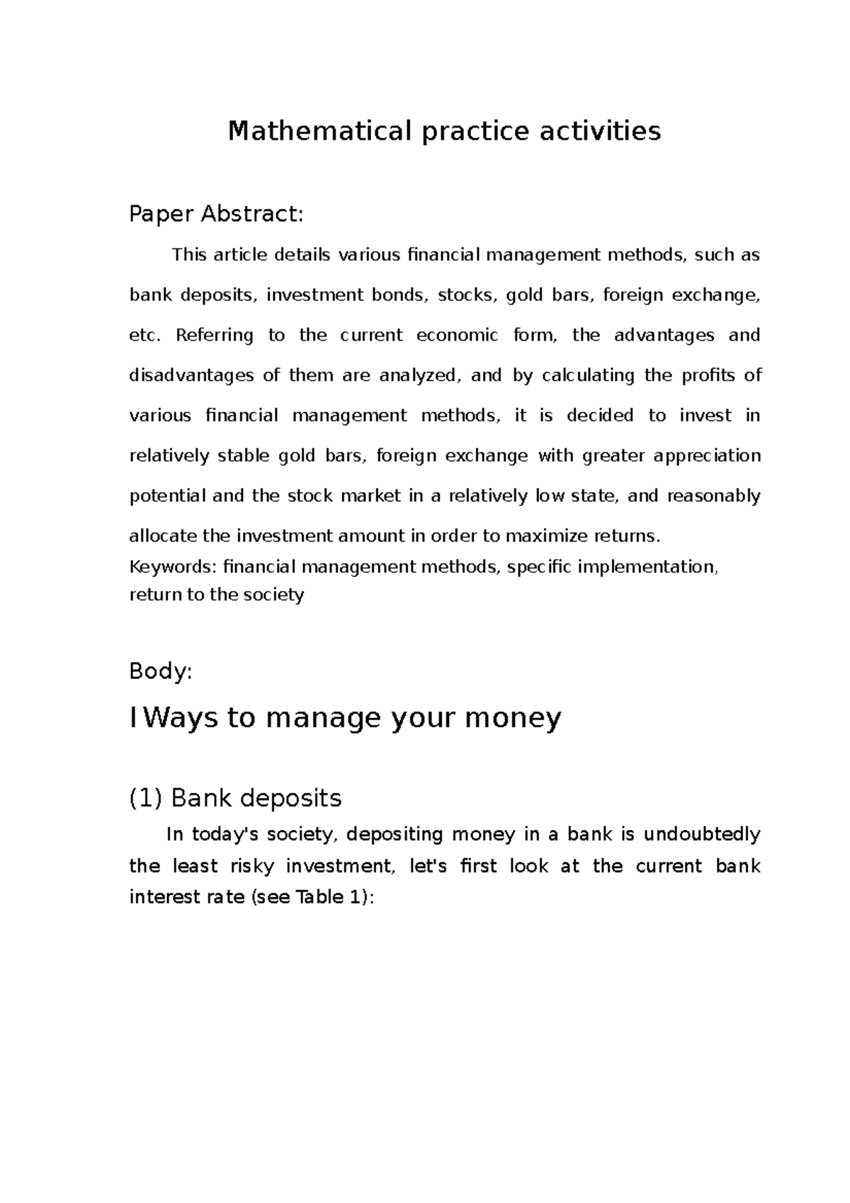 Mathematical practice activities - Referring to the current economic ...
