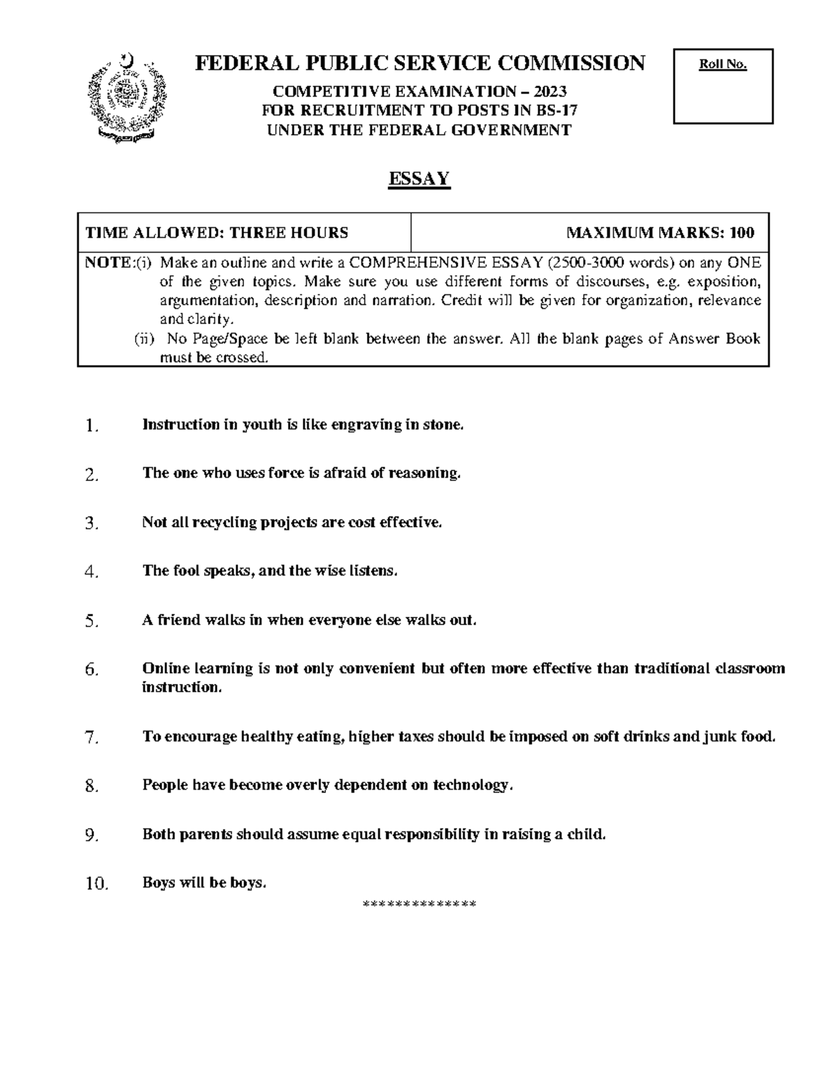 Essay 4 - FEDERAL PUBLIC SERVICE COMMISSION TIME ALLOWED: THREE HOURS ...