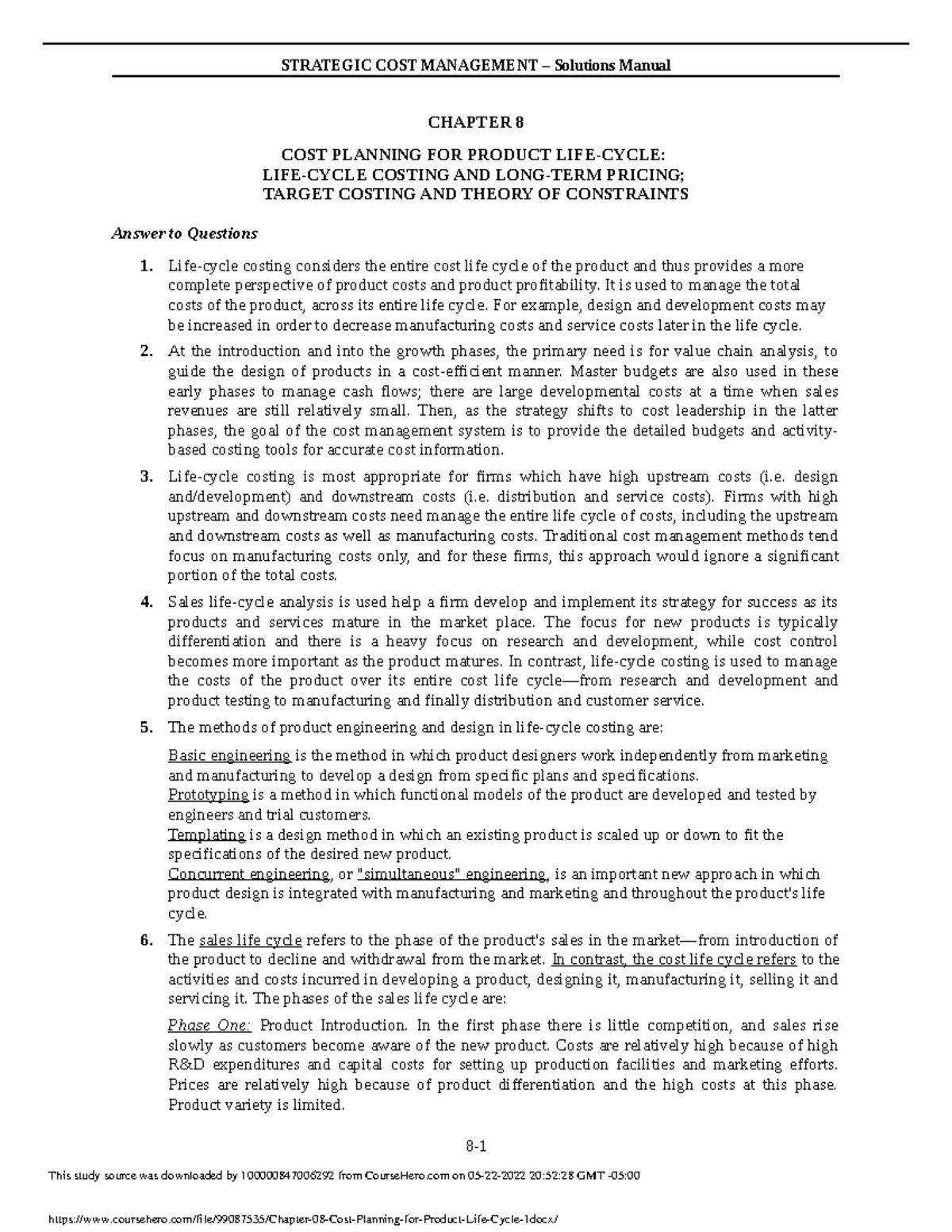 Chapter 08 Cost Planning for Product Life Cycle - STRATEGIC COST ...