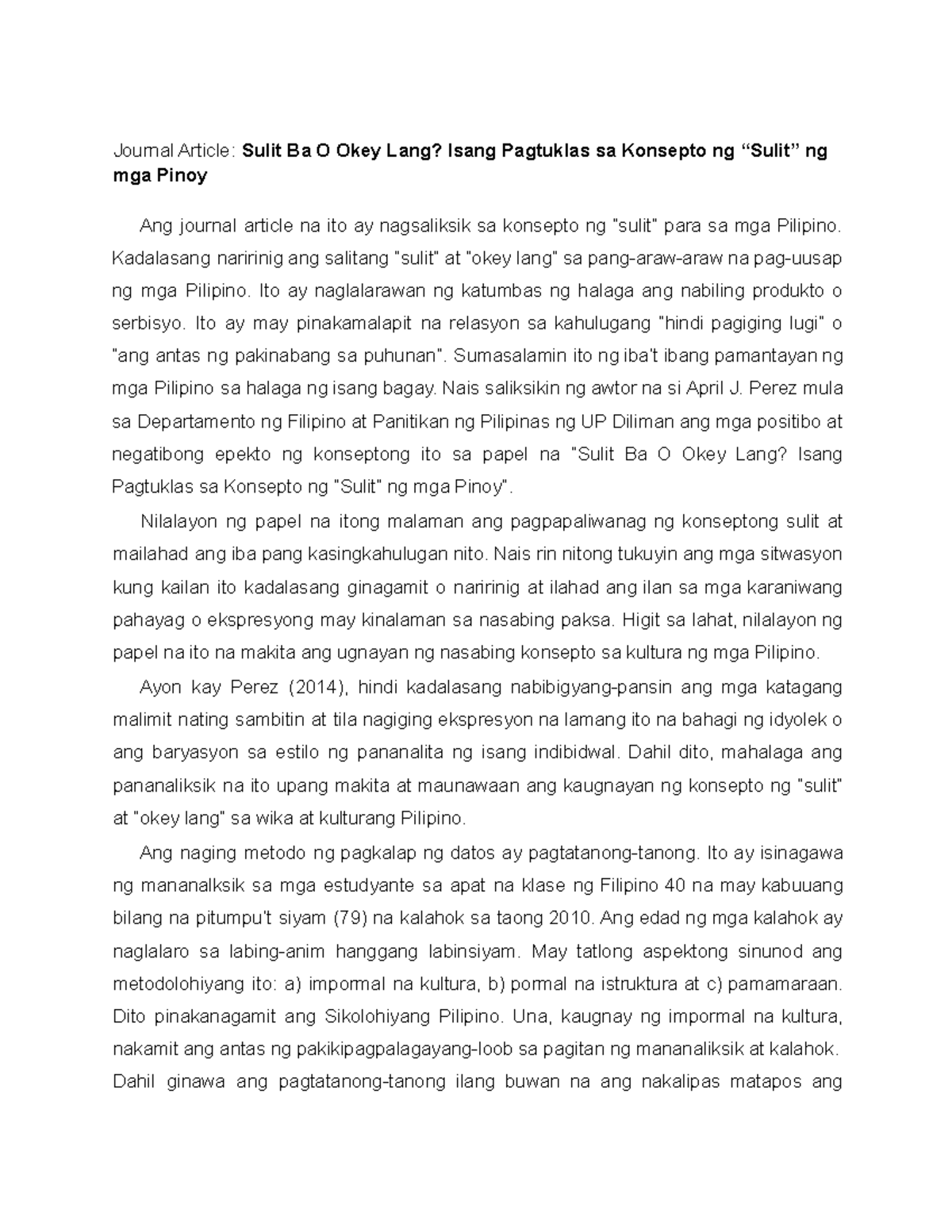 Filipino Psychology - Journal Review - Journal Article: Sulit Ba O Okey ...